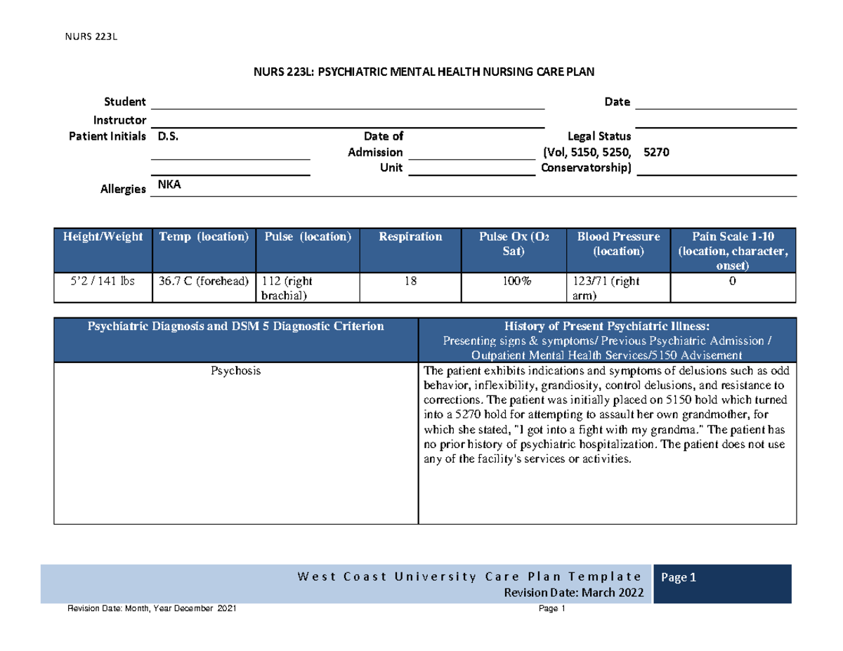 Nursing Care Plan - mental health - W e s t C o a s t U n i v e r s i t ...