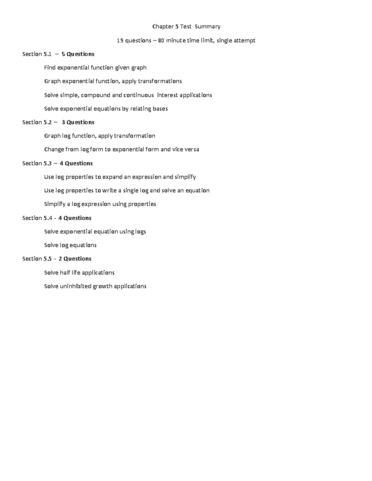 Chapter 5 Review - Notes - Chapter 5 Test Summary 19 questions – 80 ...