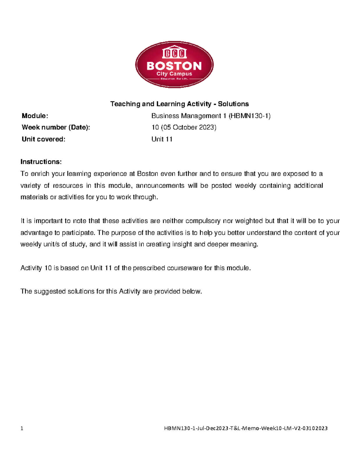 HBMN130 1 Jul Dec2023 T&L Memo Week10 LM V2 03102023 pdf - 1 HBMN 130 ...