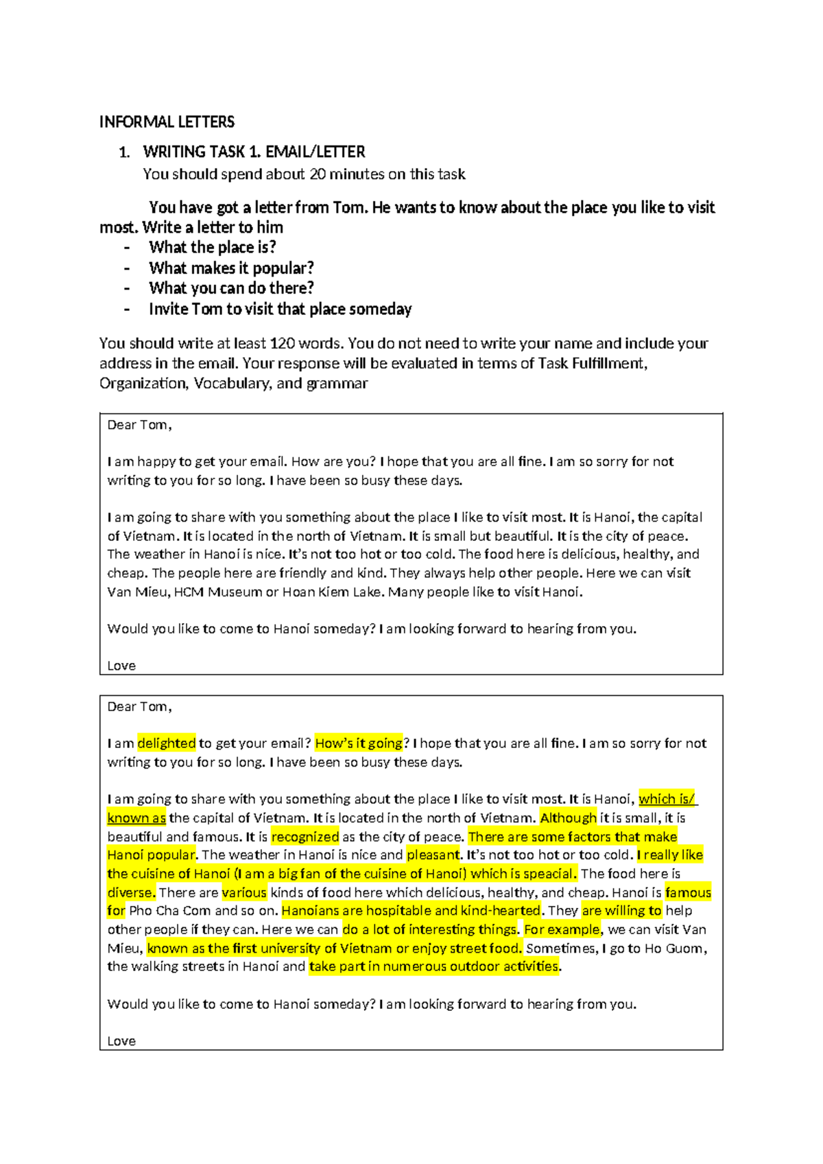 Informal Letters - 1 - INFORMAL LETTERS 1. WRITING TASK 1. EMAIL/LETTER ...