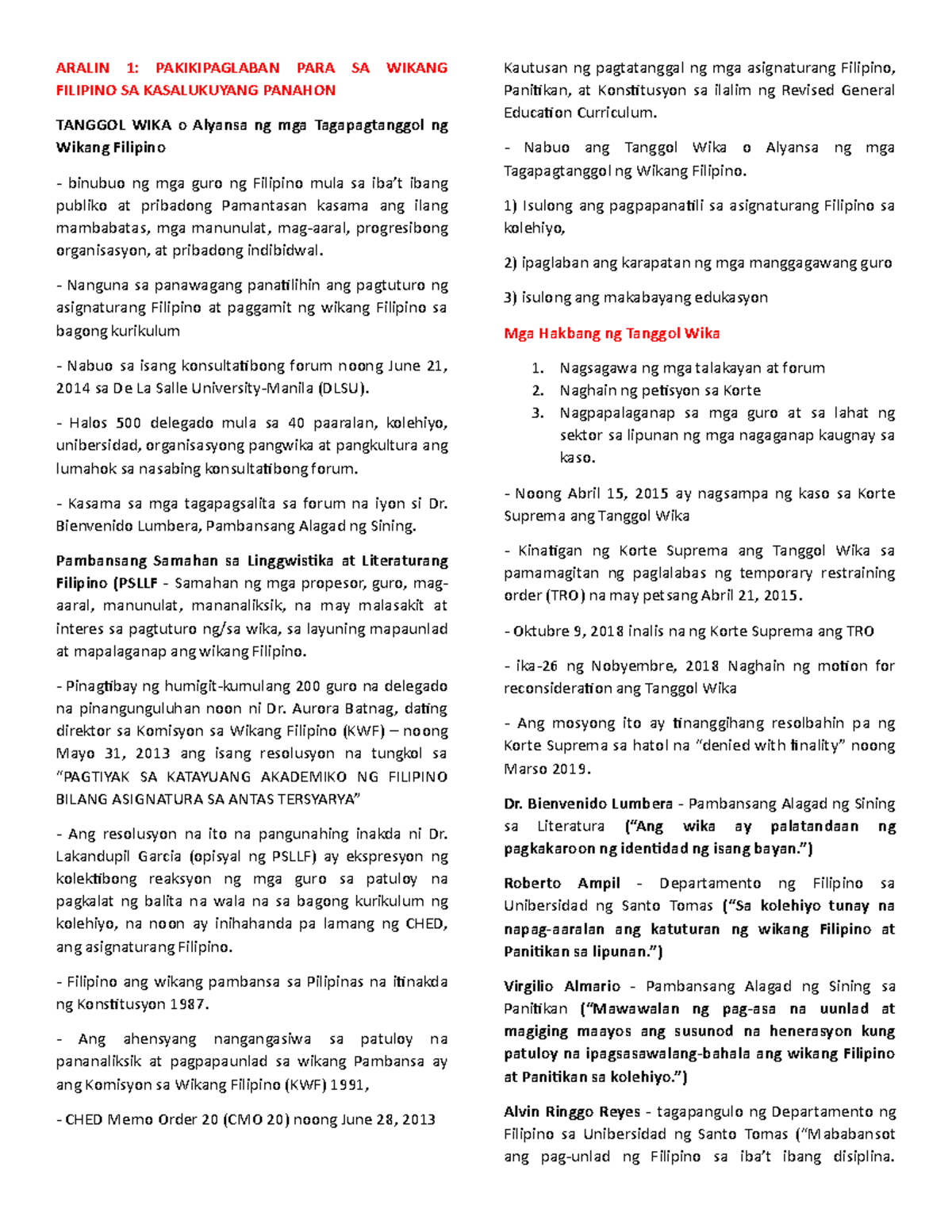 Reviewer print - ARALIN 1: PAKIKIPAGLABAN PARA SA WIKANG FILIPINO SA ...