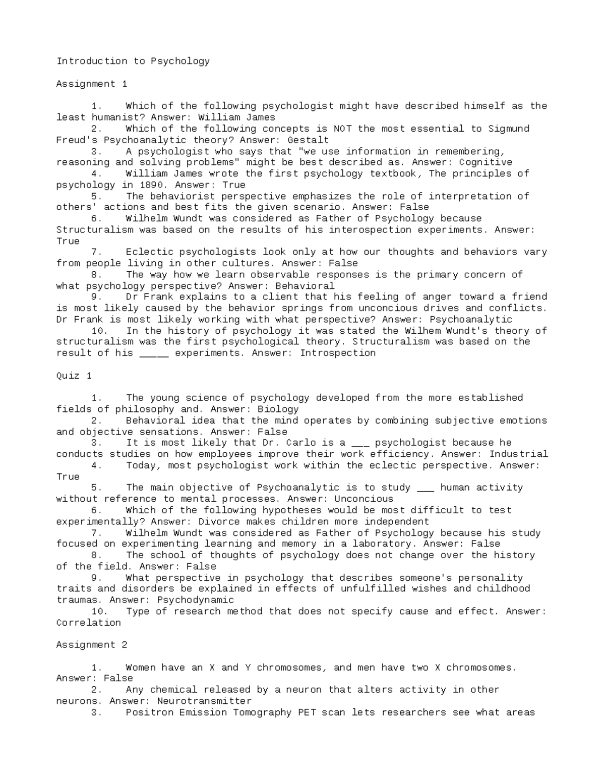 texts to help u - Introduction to Psychology Assignment 1 1. Which of ...