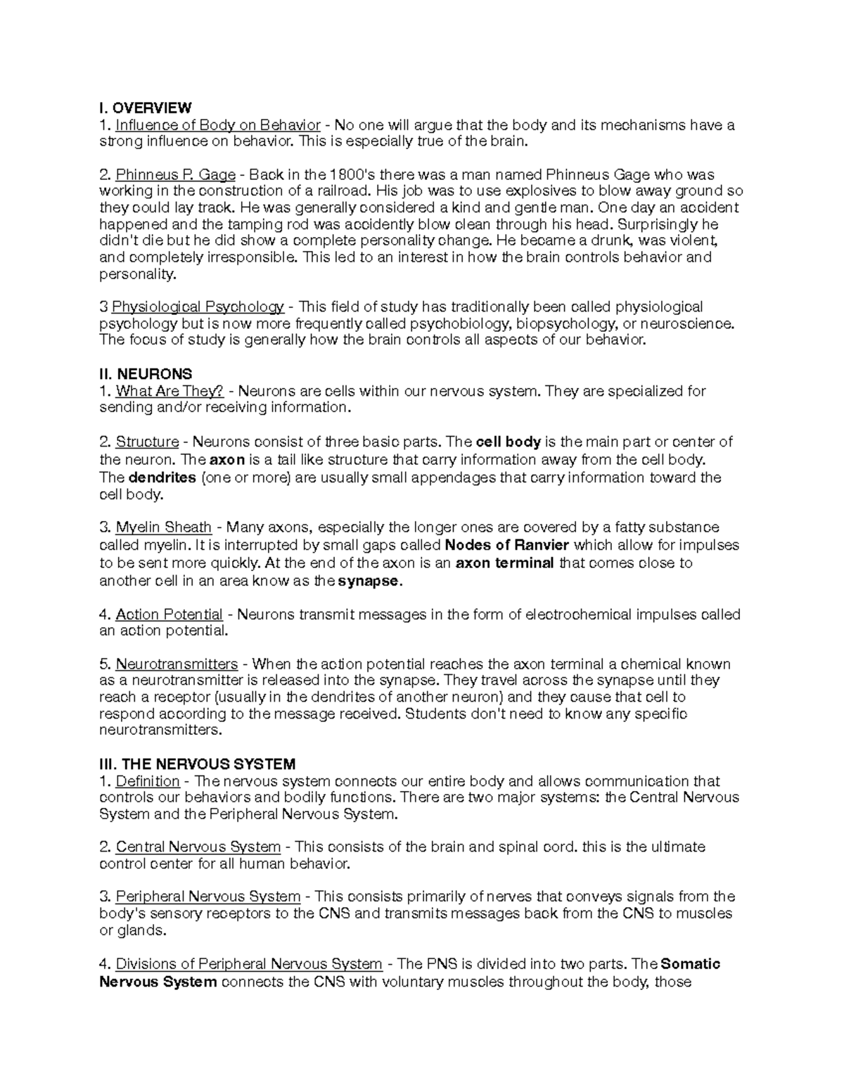 Psych 3 - I. OVERVIEW Influence of Body on Behavior - No one will argue ...