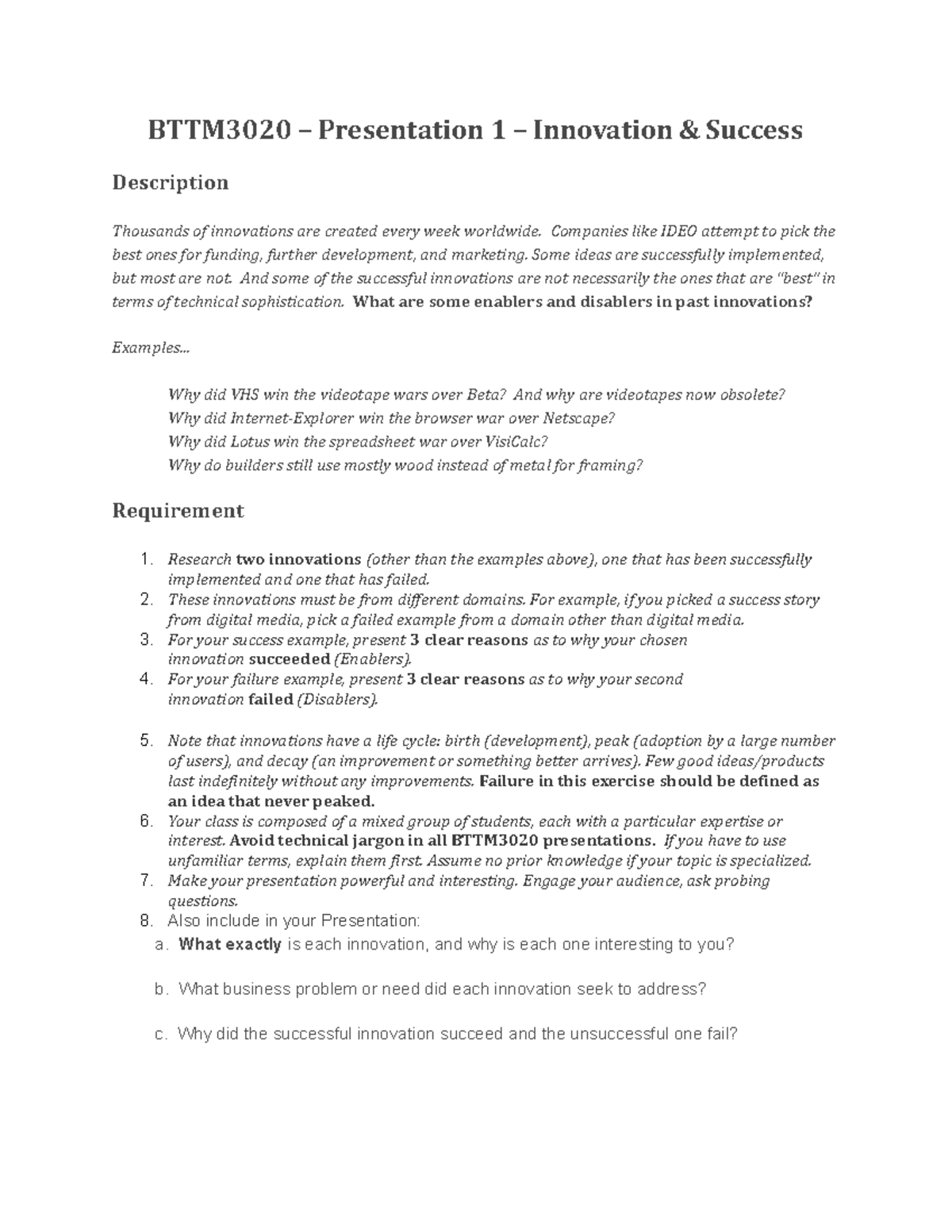 P1 Presentation (OE01) - Enablers - Disablers - BTTM3020 – Presentation 1 – Innovation & Success ...