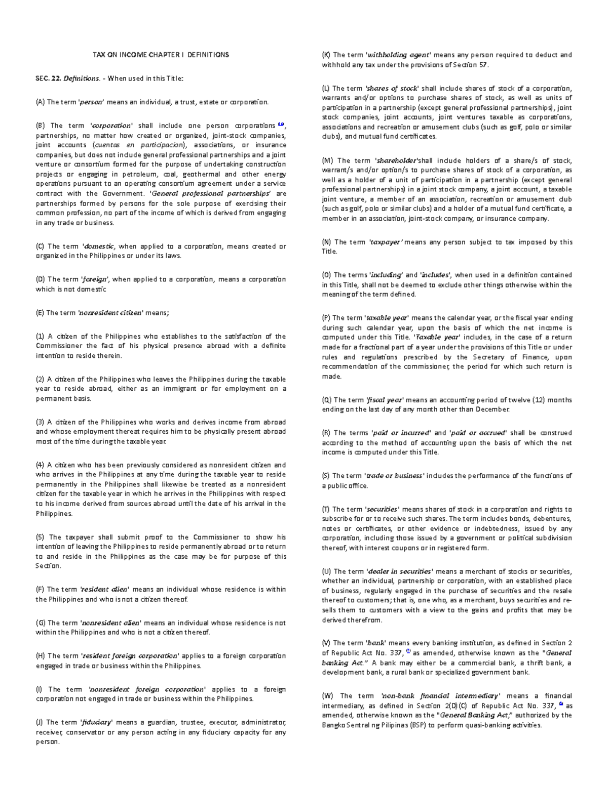 TAX ON Income Chapter I Definitions - TAX ON INCOME CHAPTER I DEFINITIONS SEC. 22. Definitions ...