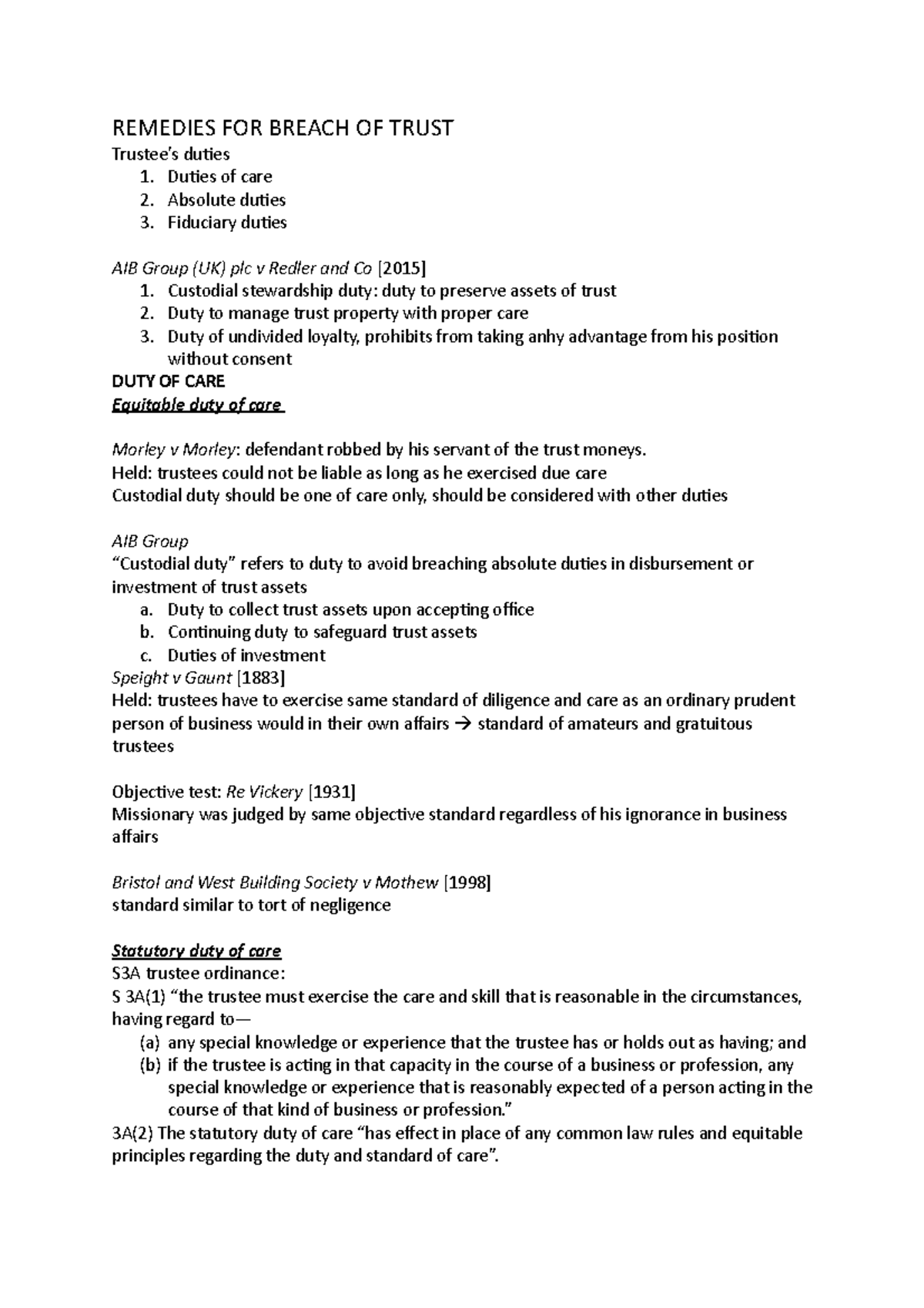 Remedies For Breach Of Trust REMEDIES FOR BREACH OF TRUST Trustee s