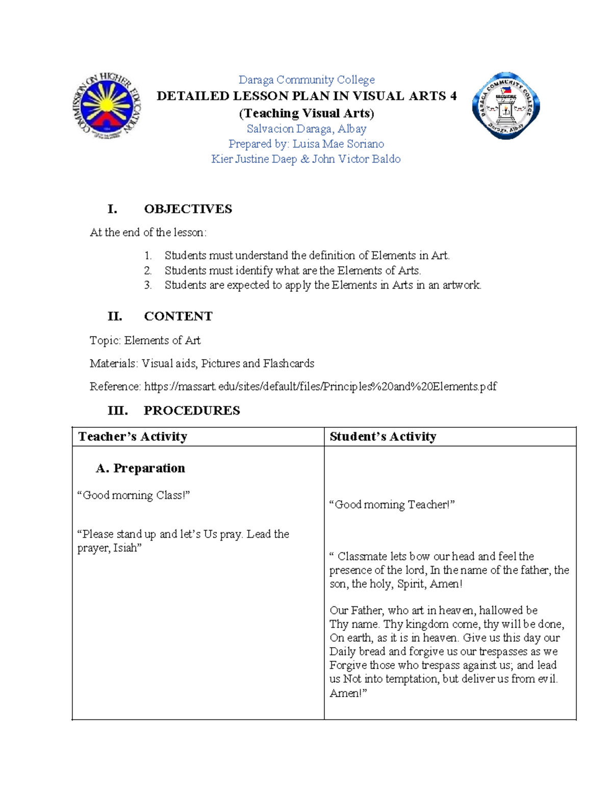 Elements of art - Daraga Community College DETAILED LESSON PLAN IN ...