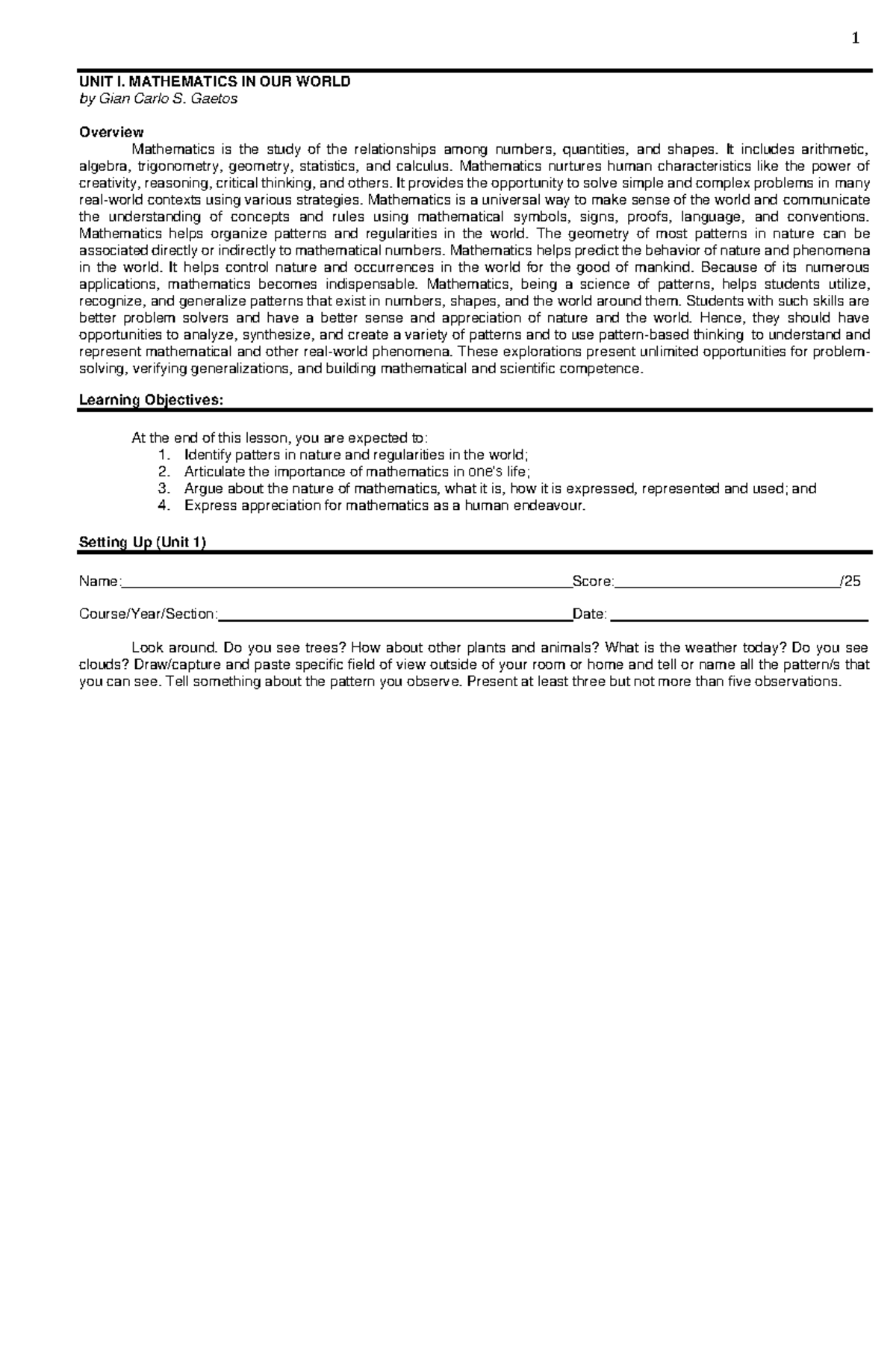 MMW UNIT 1 PT. 1 - MMW UNIT 1 PT. 1 - UNIT I. MATHEMATICS IN OUR WORLD ...