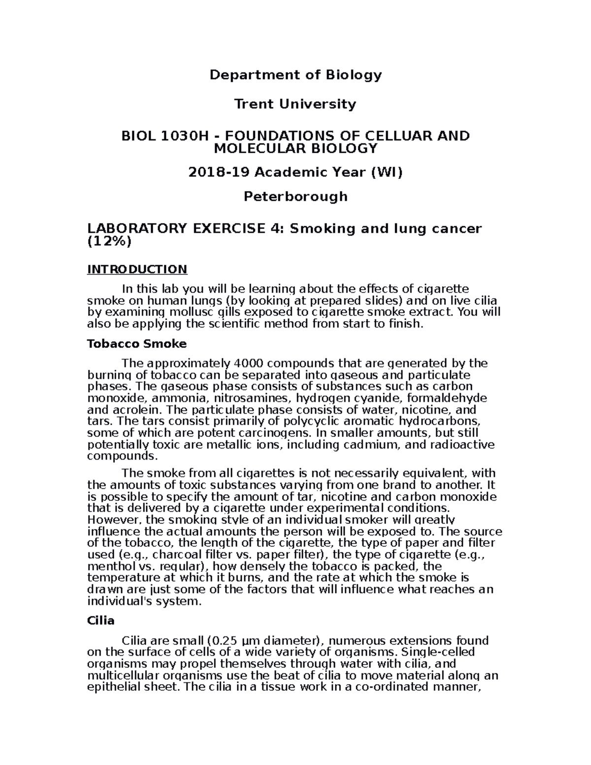 Lab 4 Biol 1030 2019 - Lab 4 completed - Department of Biology Trent University BIOL 1030H ...
