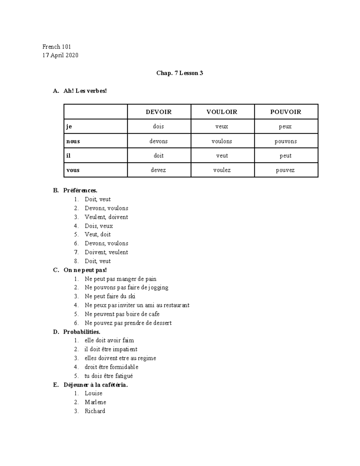 Chap. 7 Lesson 3 - Homework for chp. 7 - French 101 17 April 2020 Chap ...