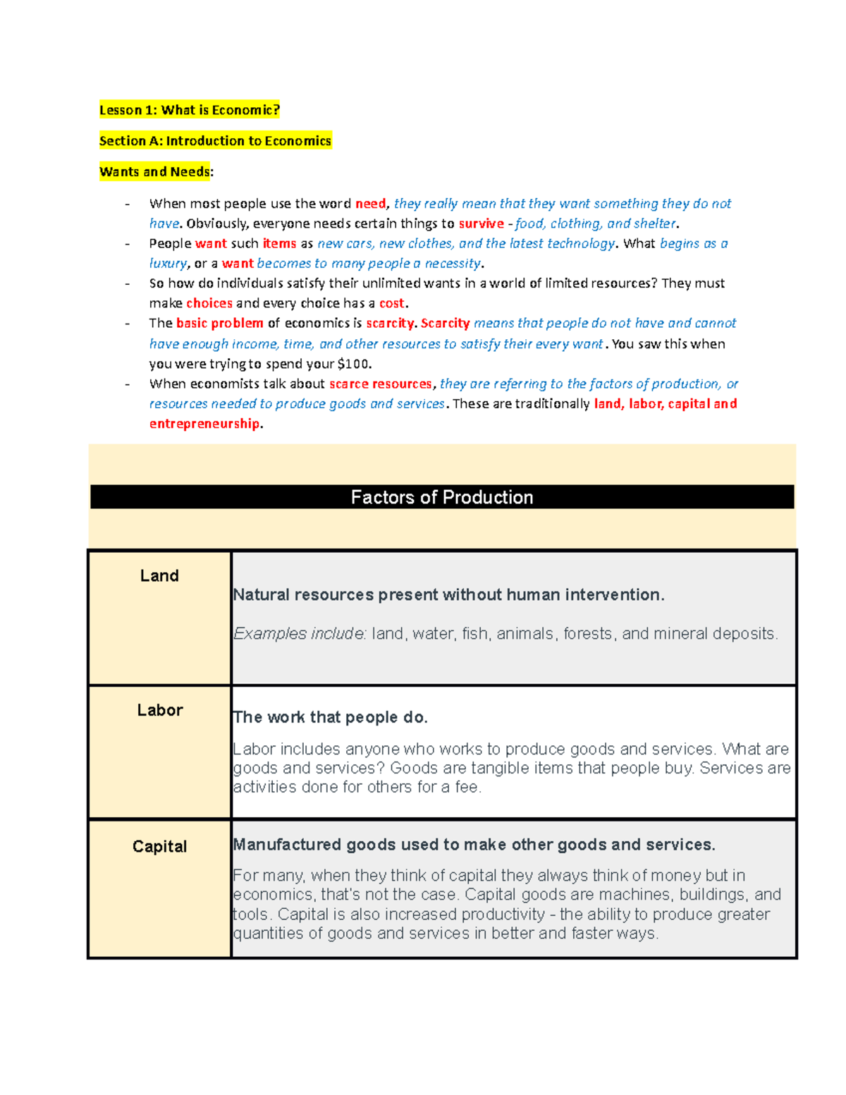 Lesson 1 Summary - Nothing much - Lesson 1: What is Economic? Section A ...