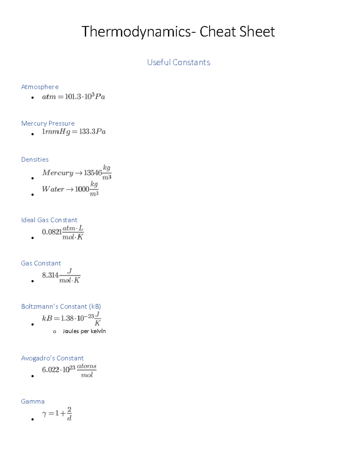 Cheat Sheet - Thermodynamics - Cheat Sheet Useful Constants Atmosphere Mercury Pressure ...