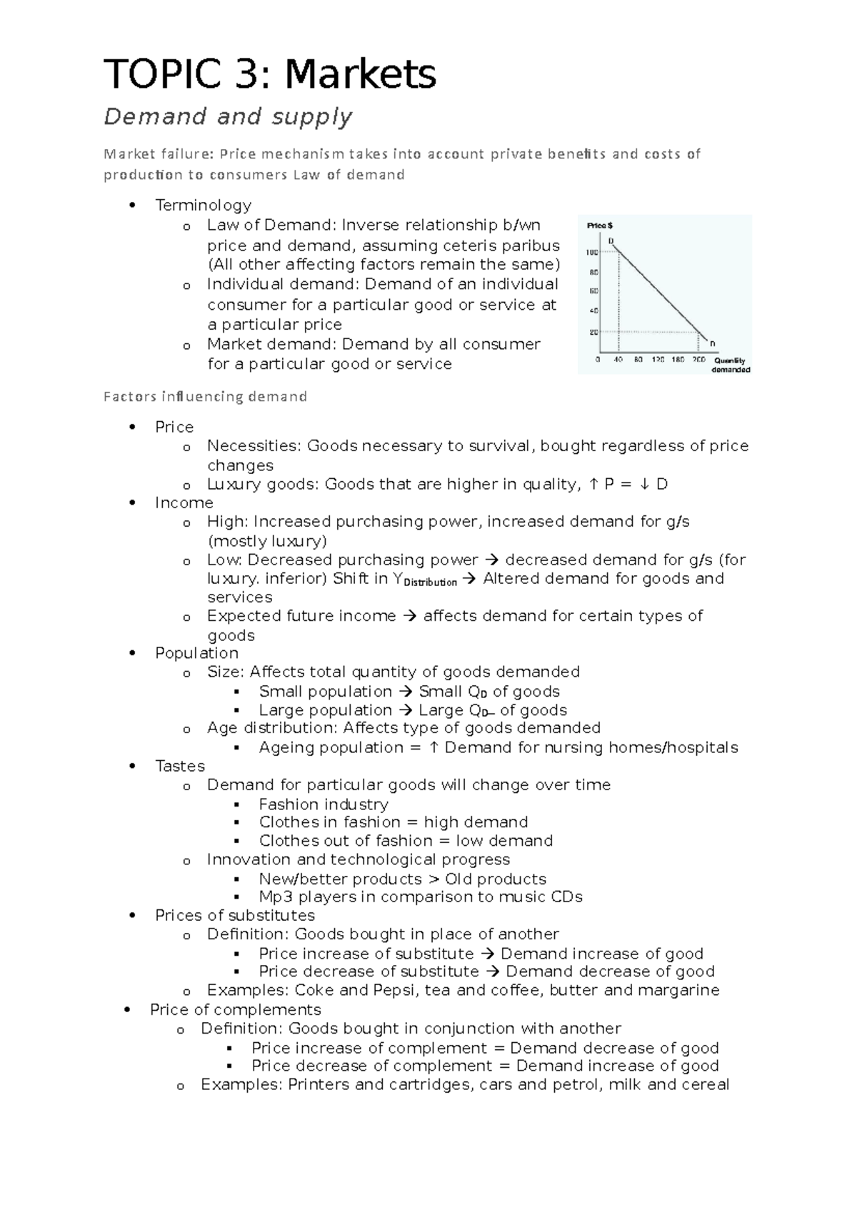 Econ Topic 3 - Lecture notes 1 - Demand and supply Market failure ...