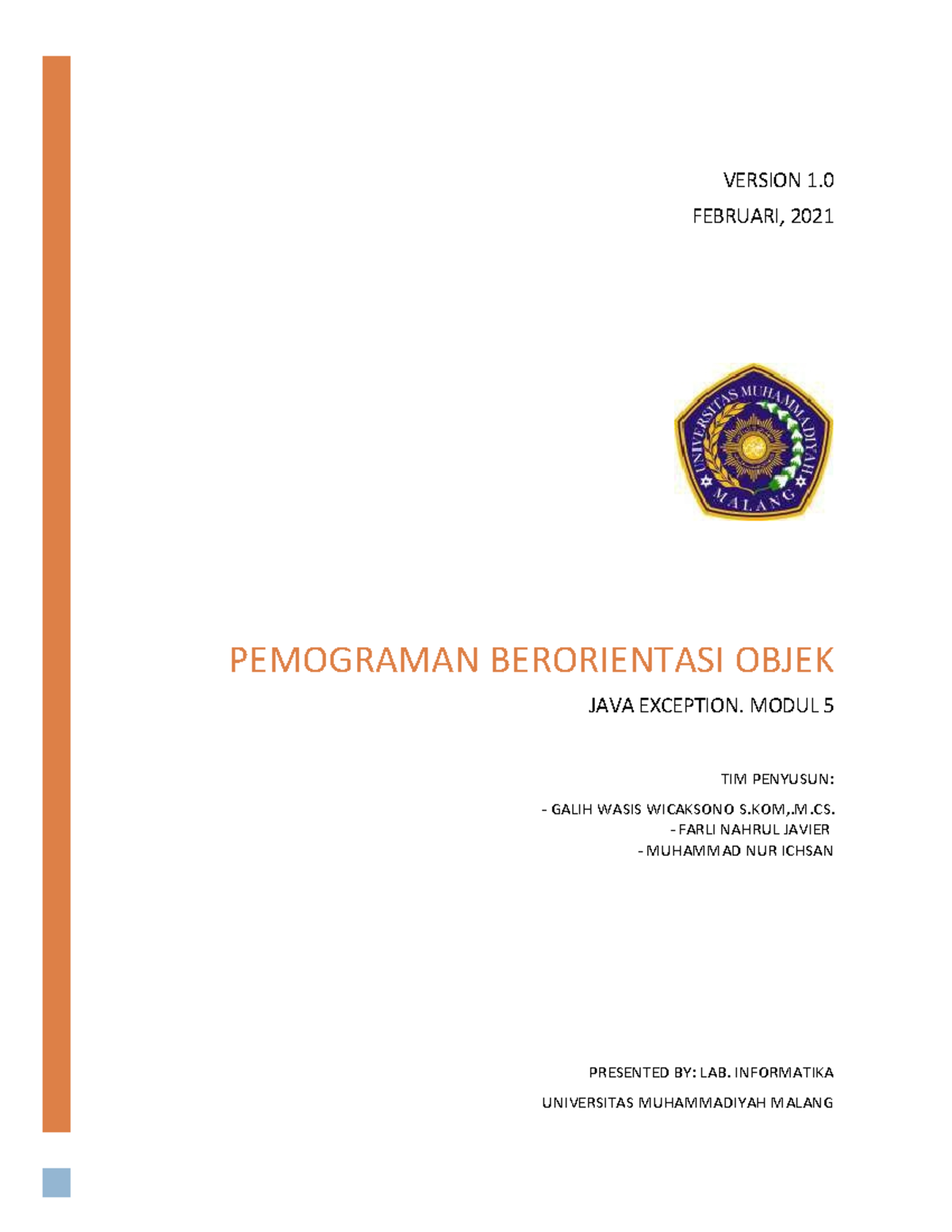 Pbo Modul 5 Version 1 Februari 2021 Pemograman Berorientasi Objek Java Exception Modul 5