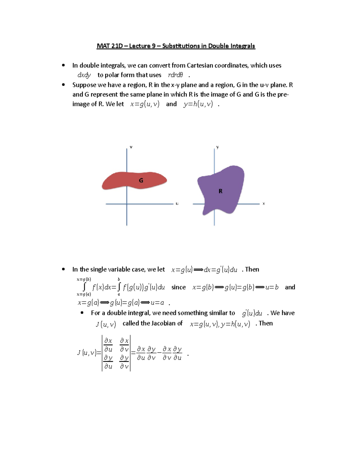 MAT 21D – Lecture 9 – Substitutions in Double Integrals - MAT 21D – Lecture 9 – Substitutions in ...