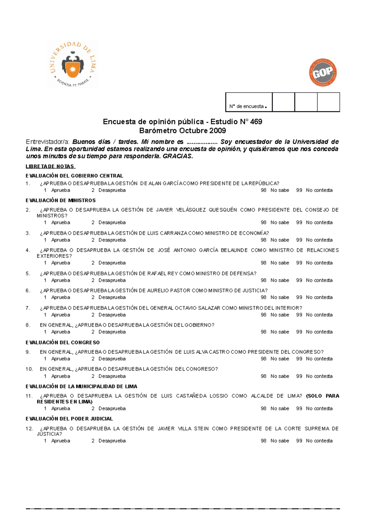 Cuestionario ejemplo - N° de encuesta. Encuesta de opinión pública ...