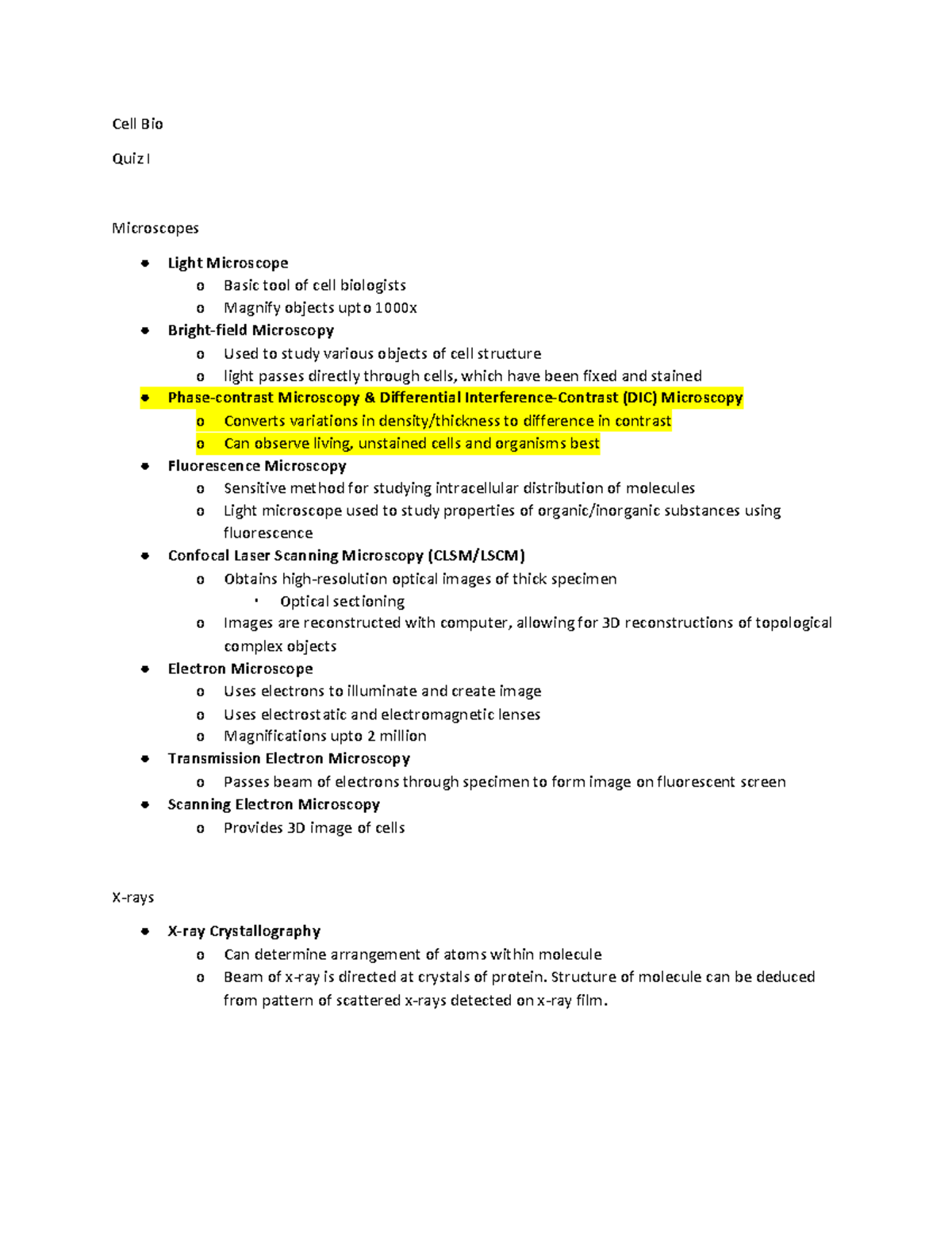 Study Notes - Microscopes-XRays - Cell Bio Quiz I Microscopes Light ...