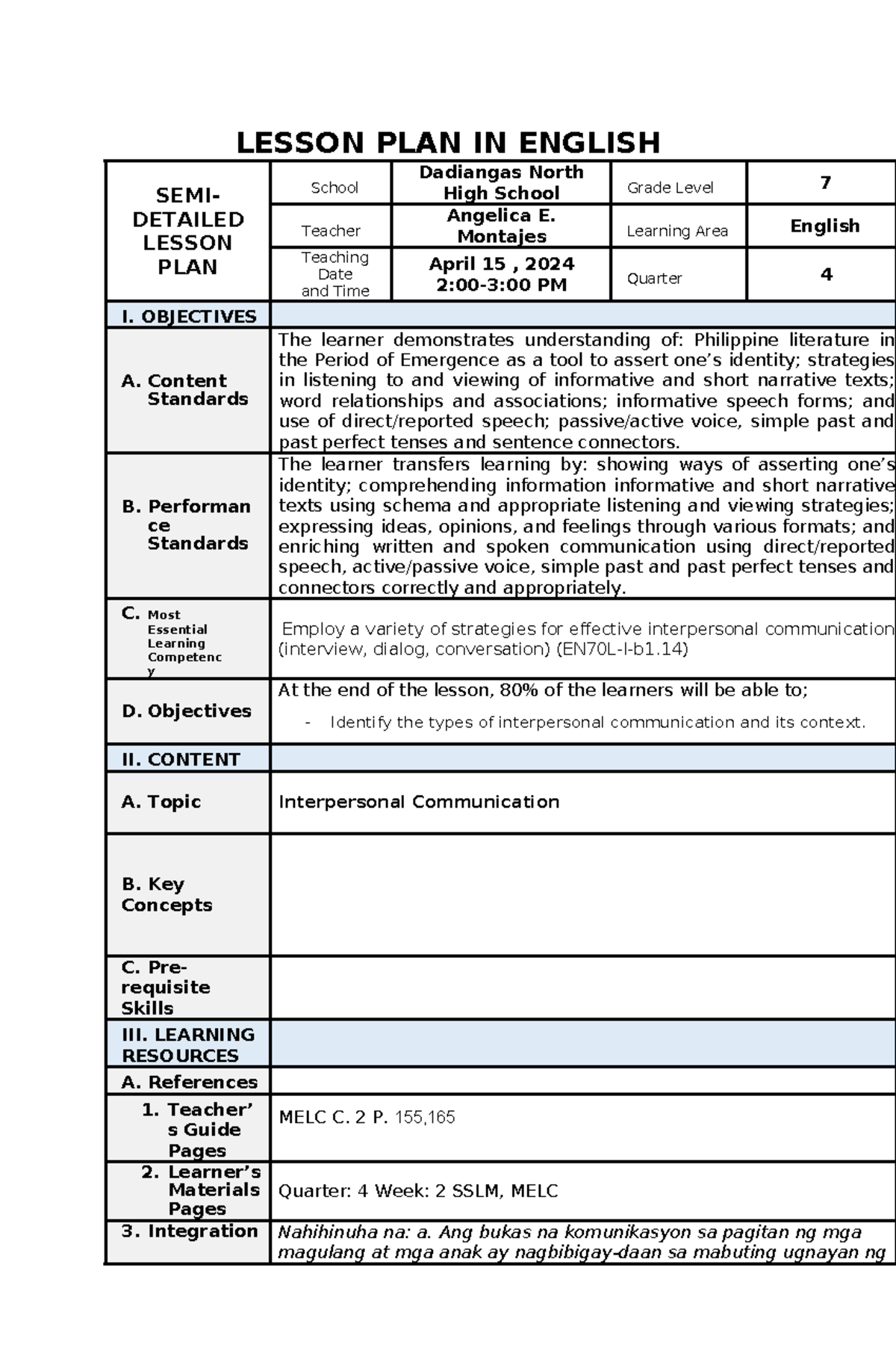 Interpersonal Communication- LP - LESSON PLAN IN ENGLISH SEMI- DETAILED ...