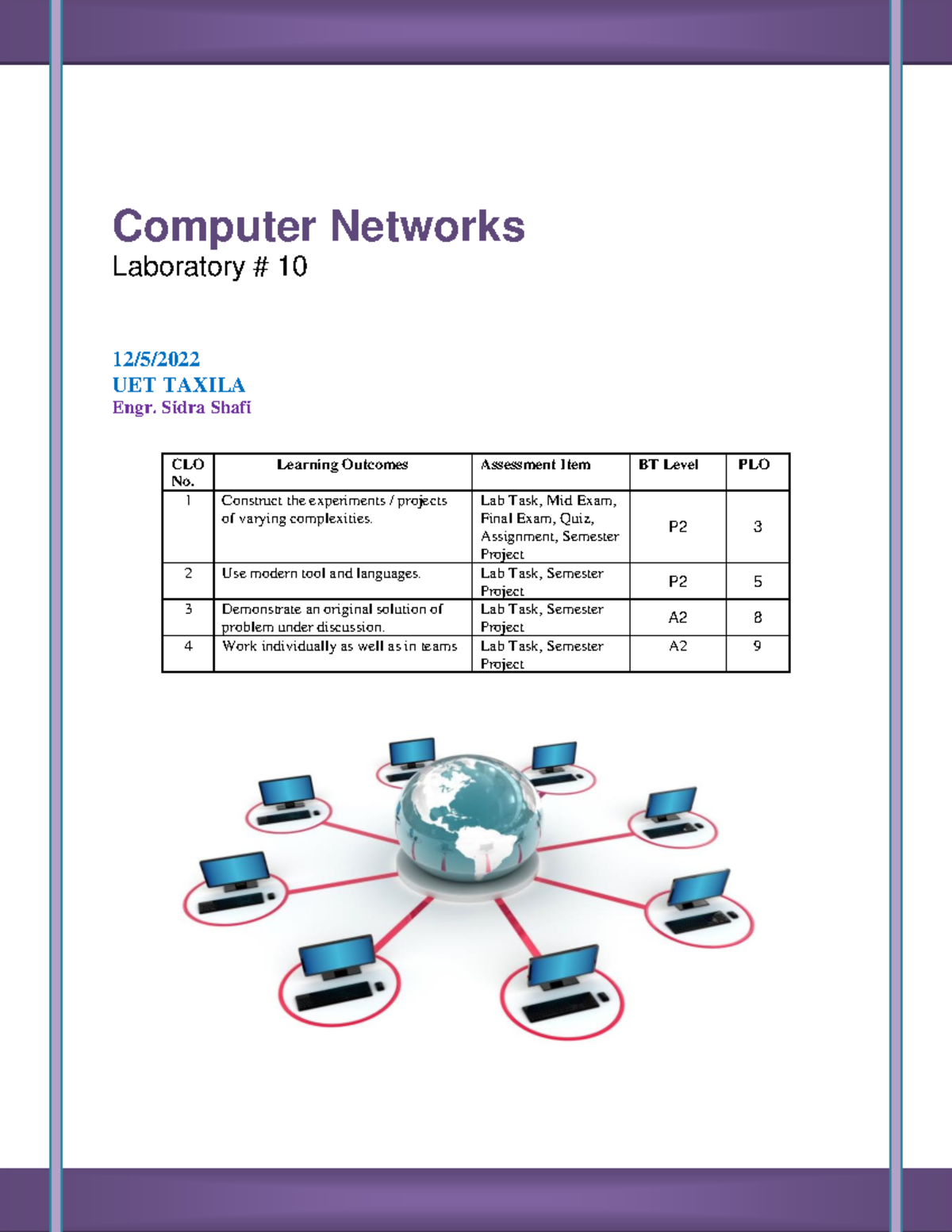 CCN Lab 10 2k20 - Lab of Computer networks - Computer Networks Laboratory # 1 0 12/5/ UET TAXILA ...