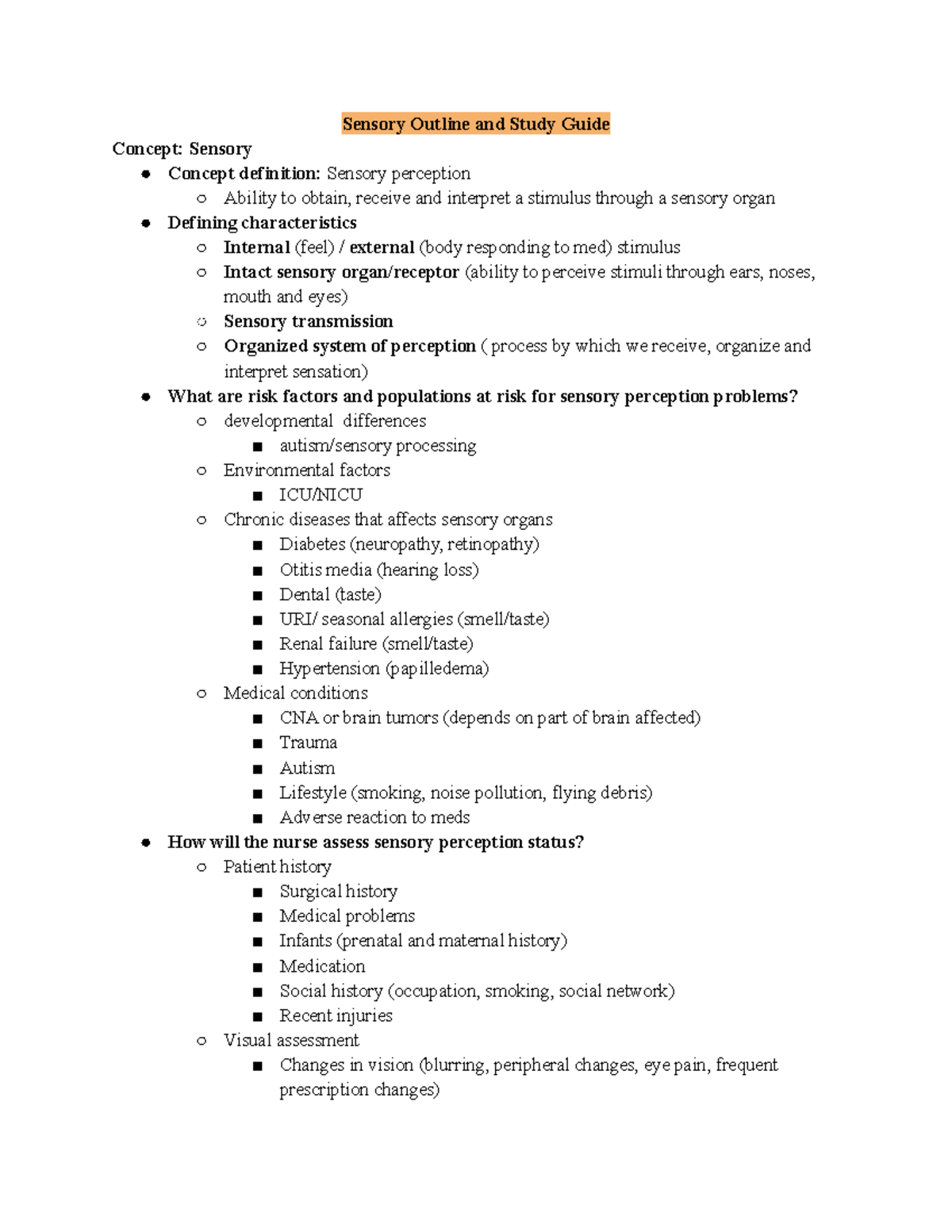 Health and Illness Sensory - Sensory Outline and Study Guide Concept ...