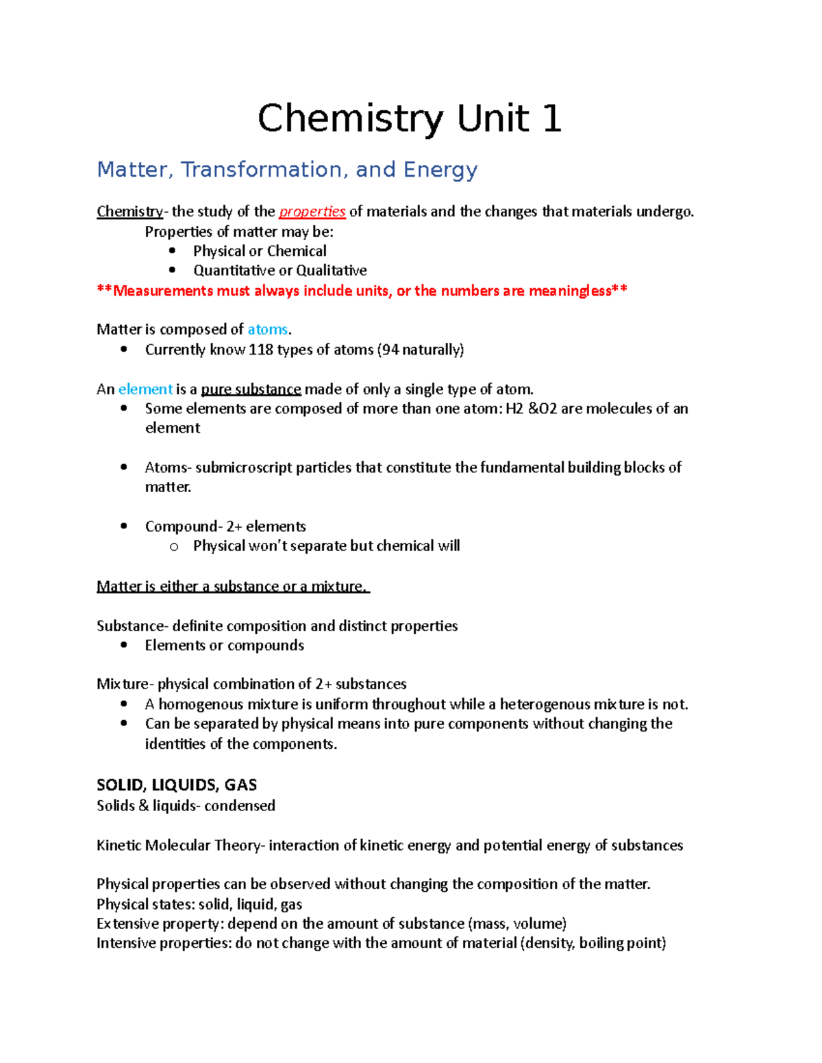 Unit 1 chemistry notes - Chemistry Unit 1 Matter, Transformation, and ...