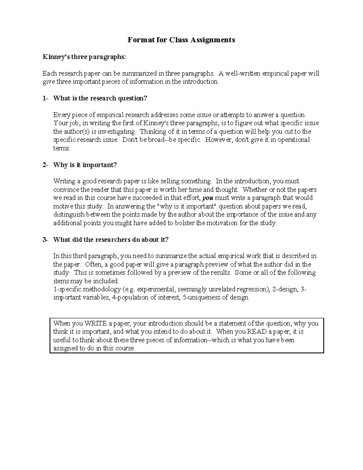 Guidelines in evaluating papers - Format for Class Assignments Kinney's ...