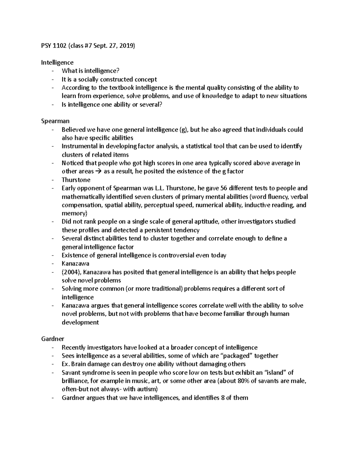 PSY 1102class 07 - PSY 1102 (class #7 Sept. 27, 2019) Intelligence ...
