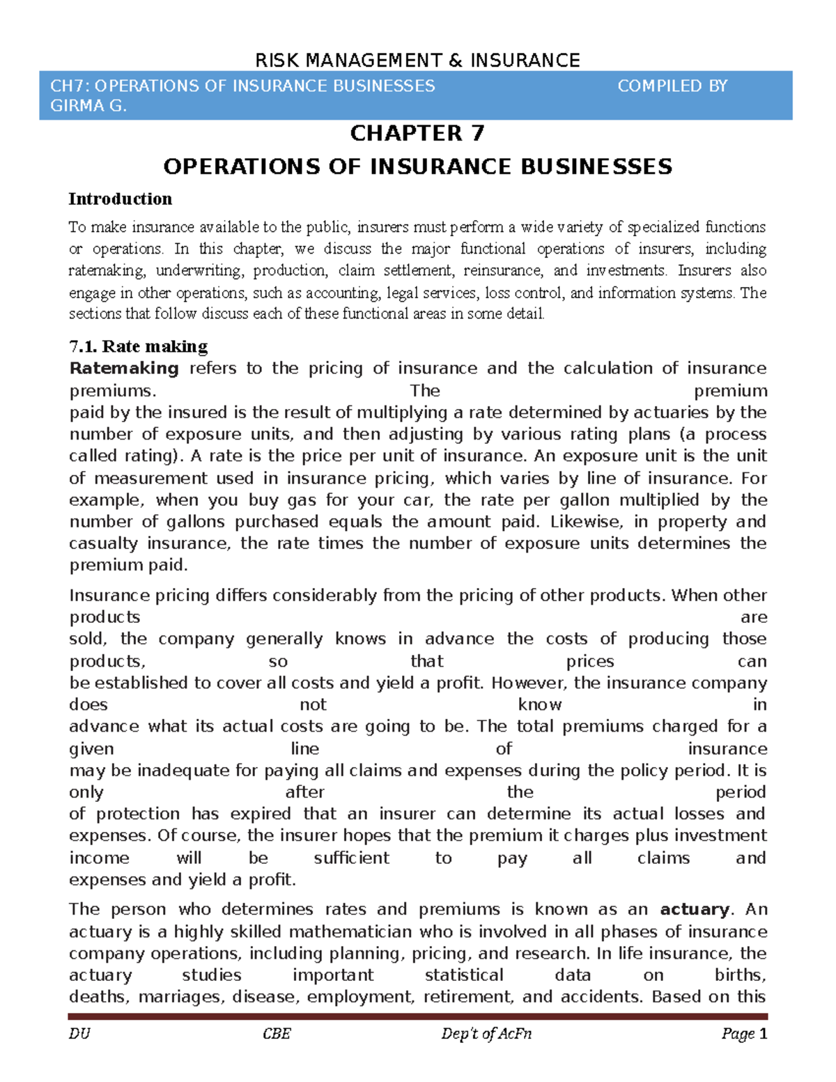 RMI CH7 - Risk Management & Insurance - CH7: OPERATIONS OF INSURANCE ...