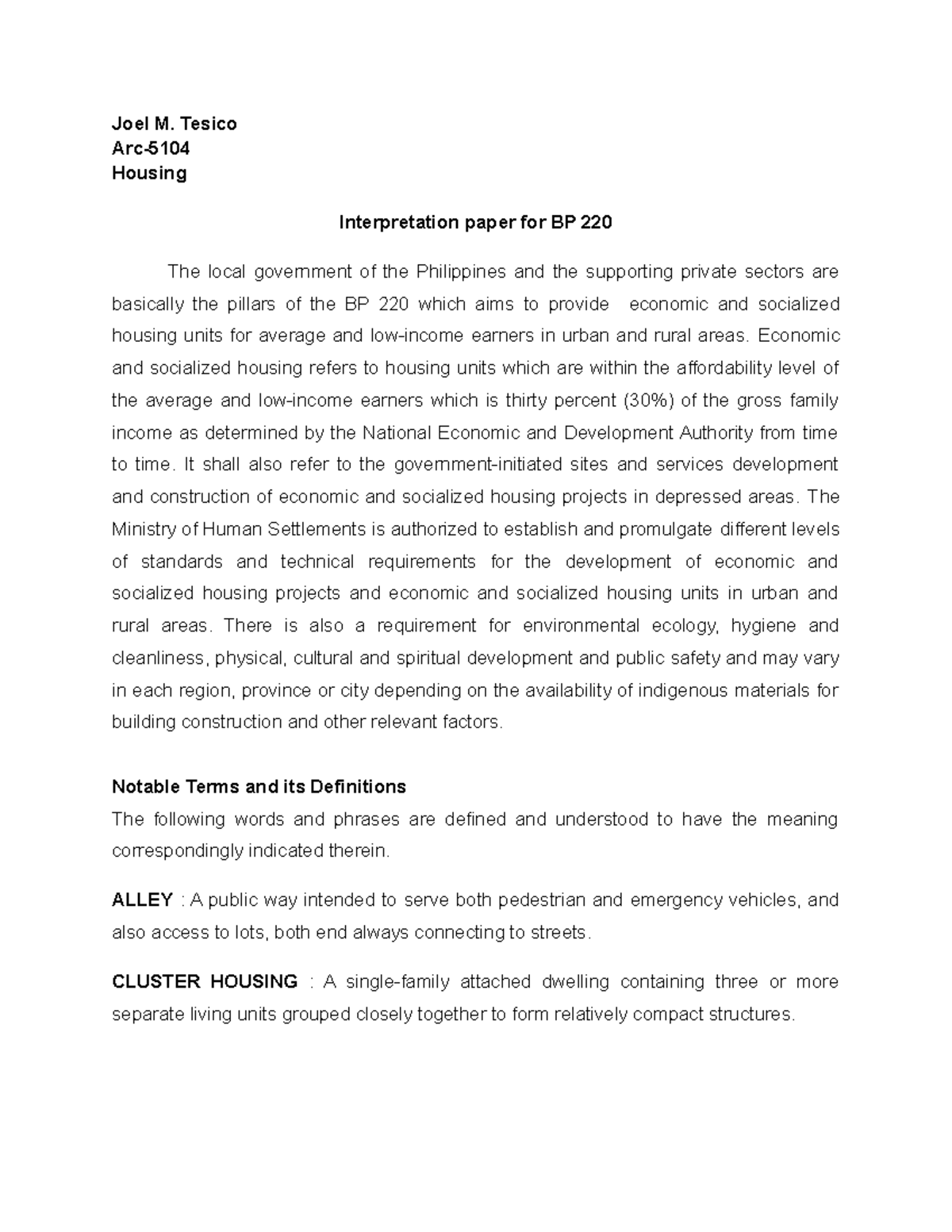 housing lecture notes - Joel M. Tesico Arc- Housing Interpretation ...