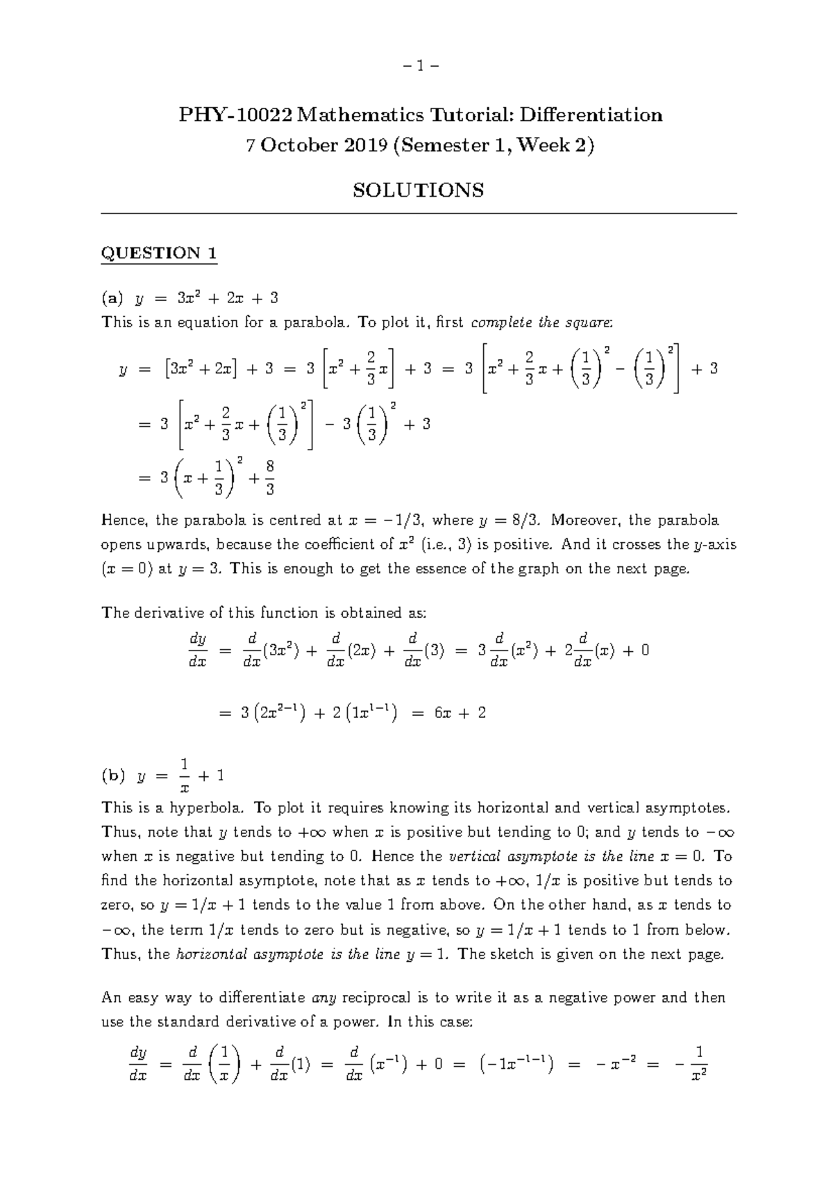 Semester 1 Tutorial 1 2019 Solutions - PHY-10022 Mathematics Tutorial ...