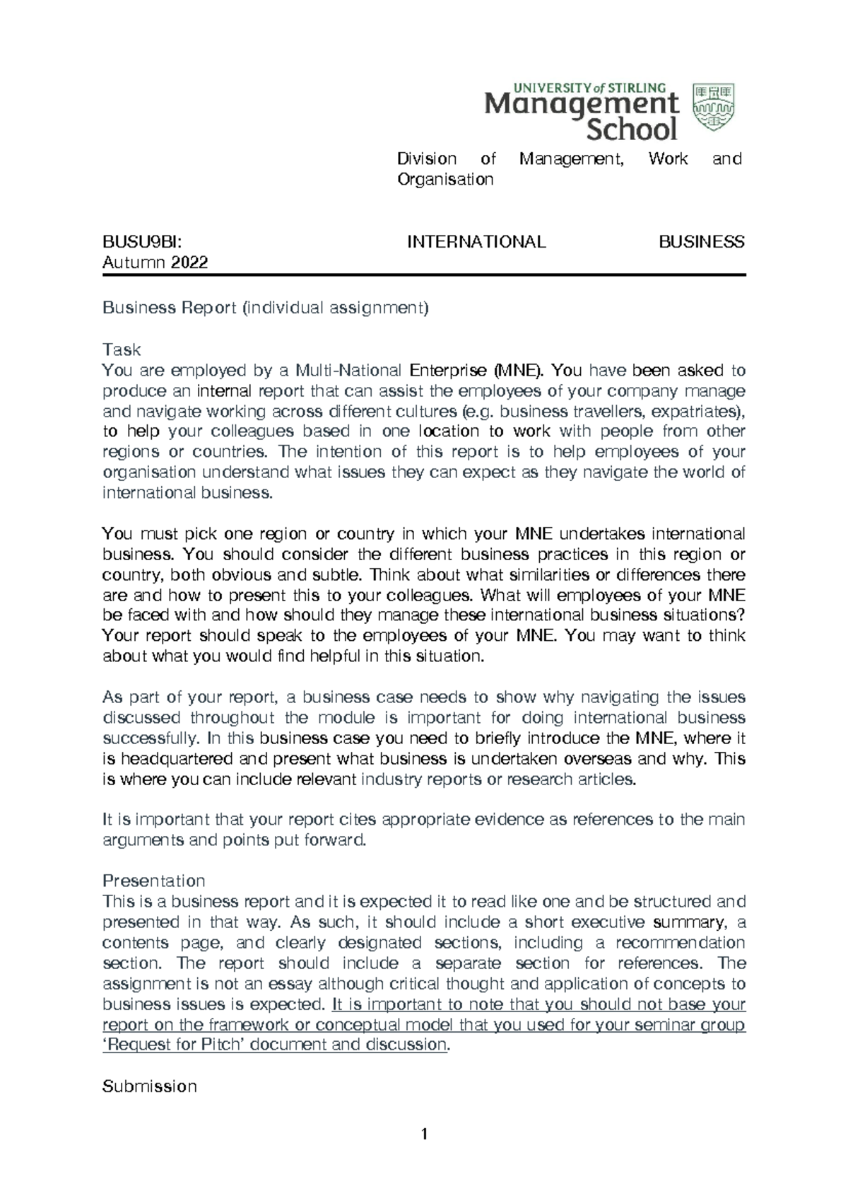 BUSU9BI Individual Assignment-1 - 1 Division of Management, Work and ...