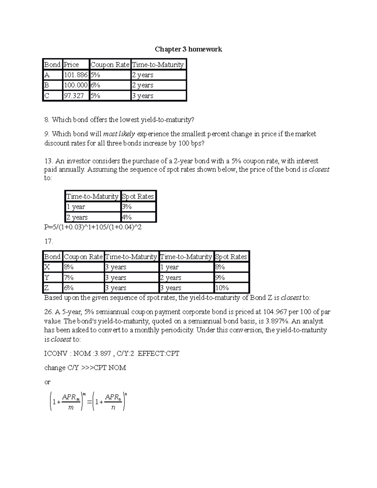 Chapter 3 homework - bonds - Chapter 3 homework Bond A B C Price 101 ...