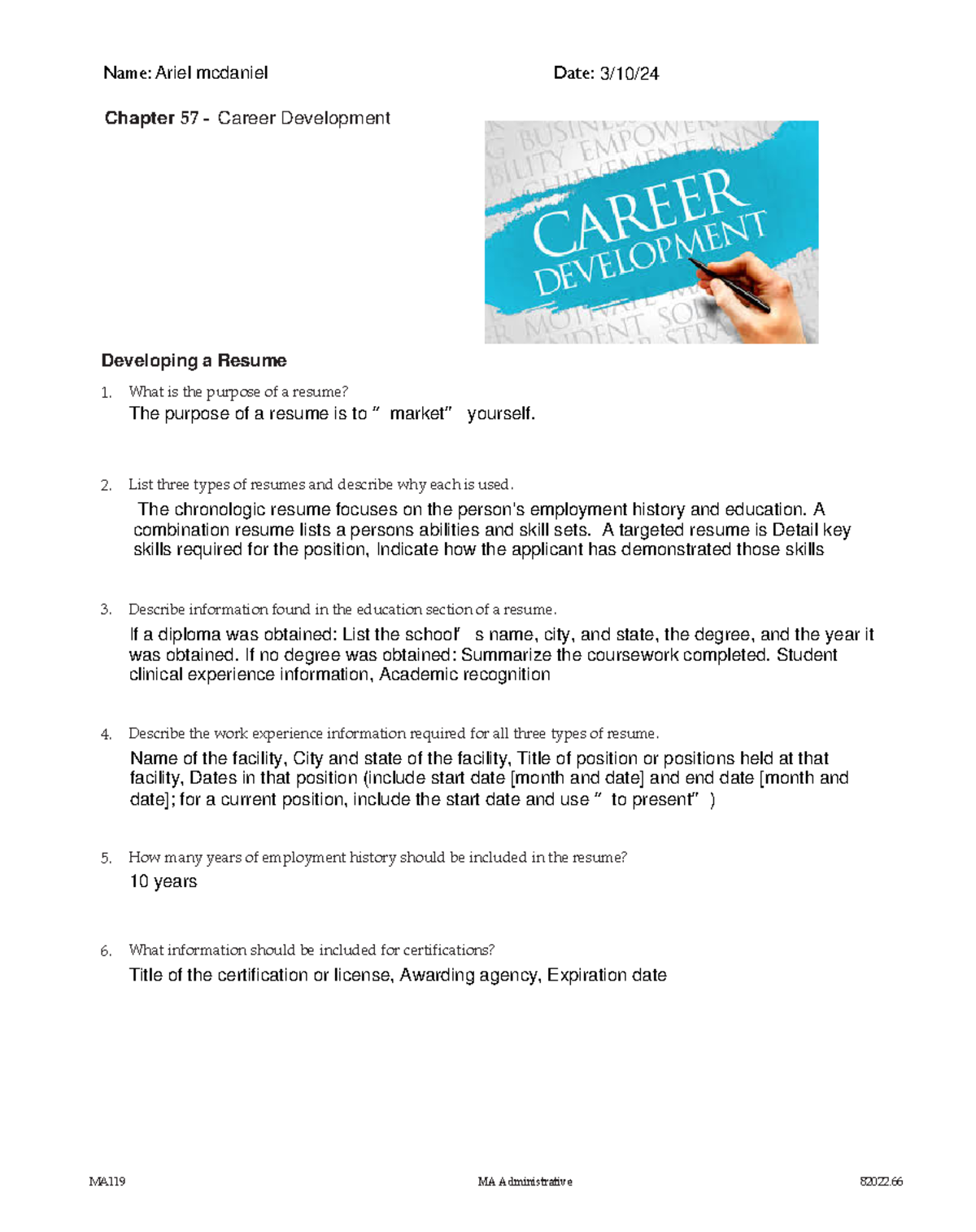 MA119 ROW 3 Chapter 57 AMM - Name: Date: Chapter 57 - Career ...