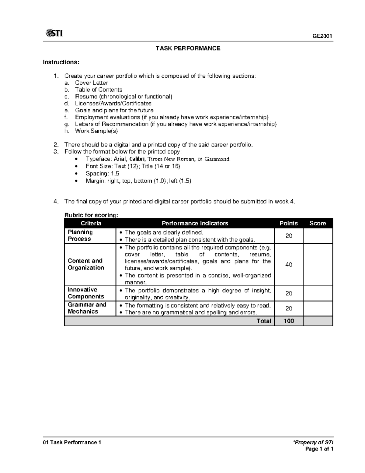 TASK-PER - summary - GE 01 Task Performance 1 *Property of STI Page 1 ...
