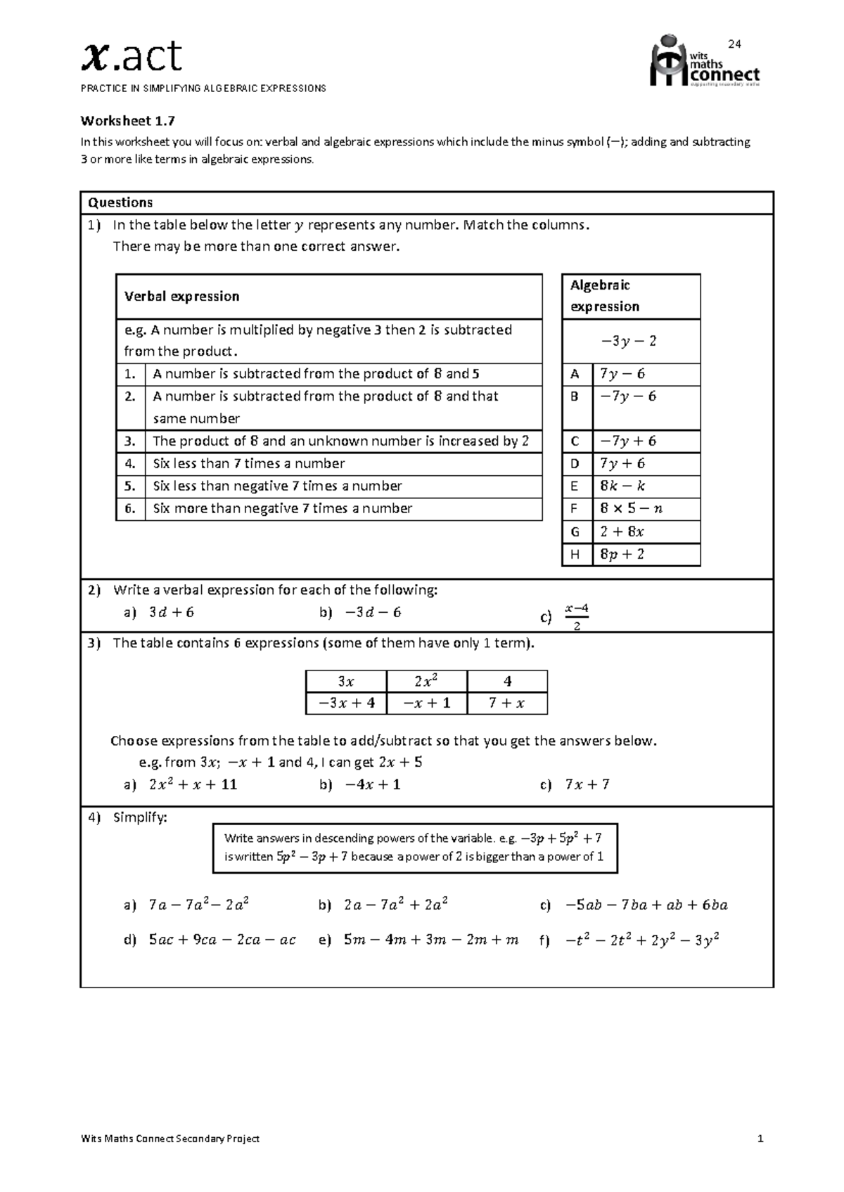 Revision activity Grade 8 - 𝒙𝒙.act PRACTICE IN SIMPLIFYING ALGEBRAIC ...