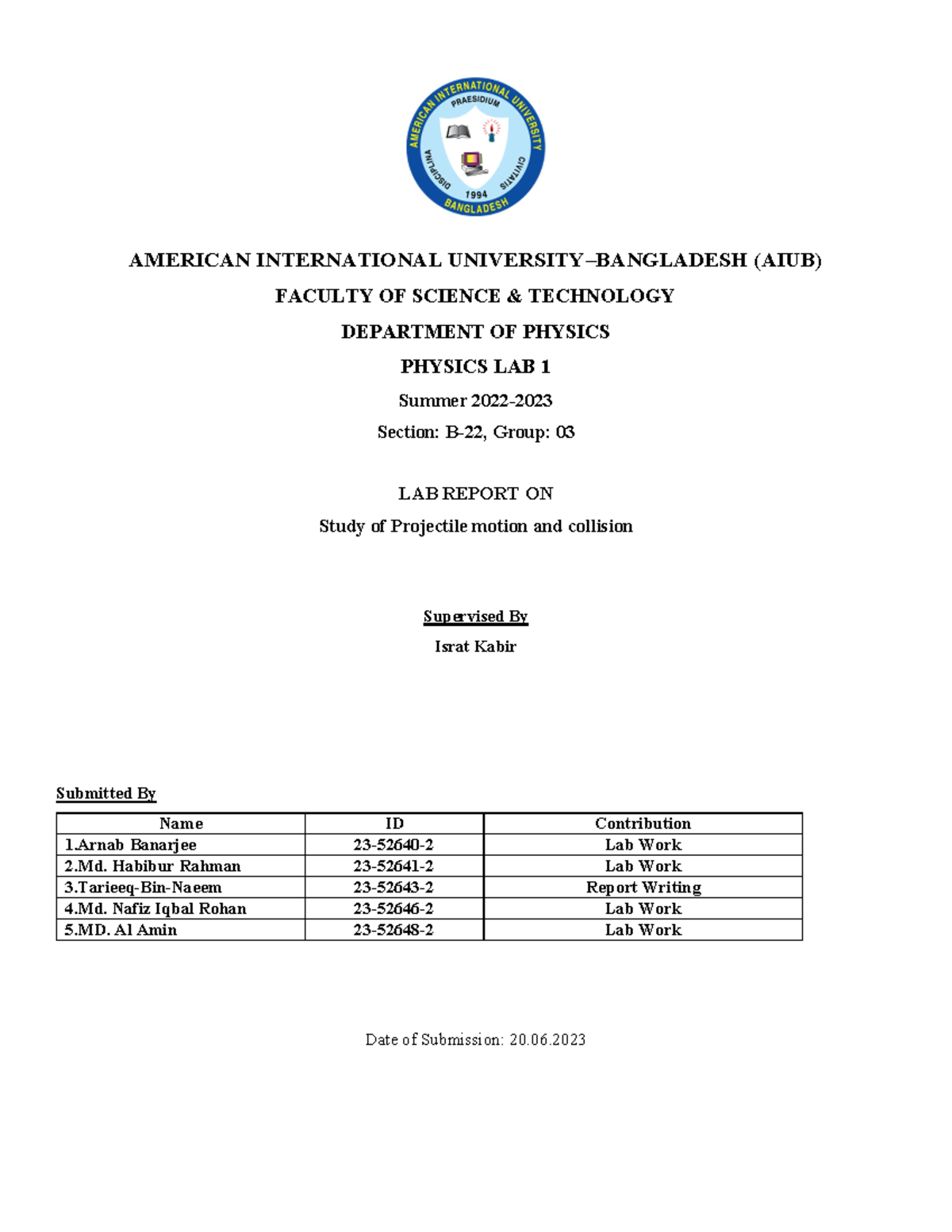 Lab report of exp-03 by group 03 - AMERICAN INTERNATIONAL UNIVERSITY ...
