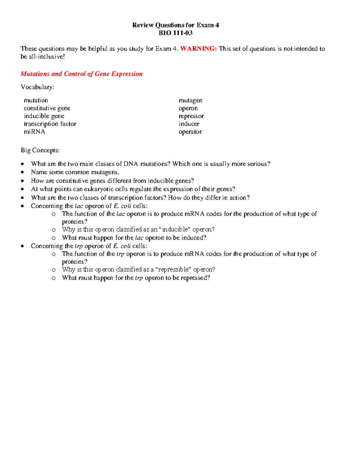 Review 4 s22 - Review Questions for Exam 4 BIO 111- These questions may ...