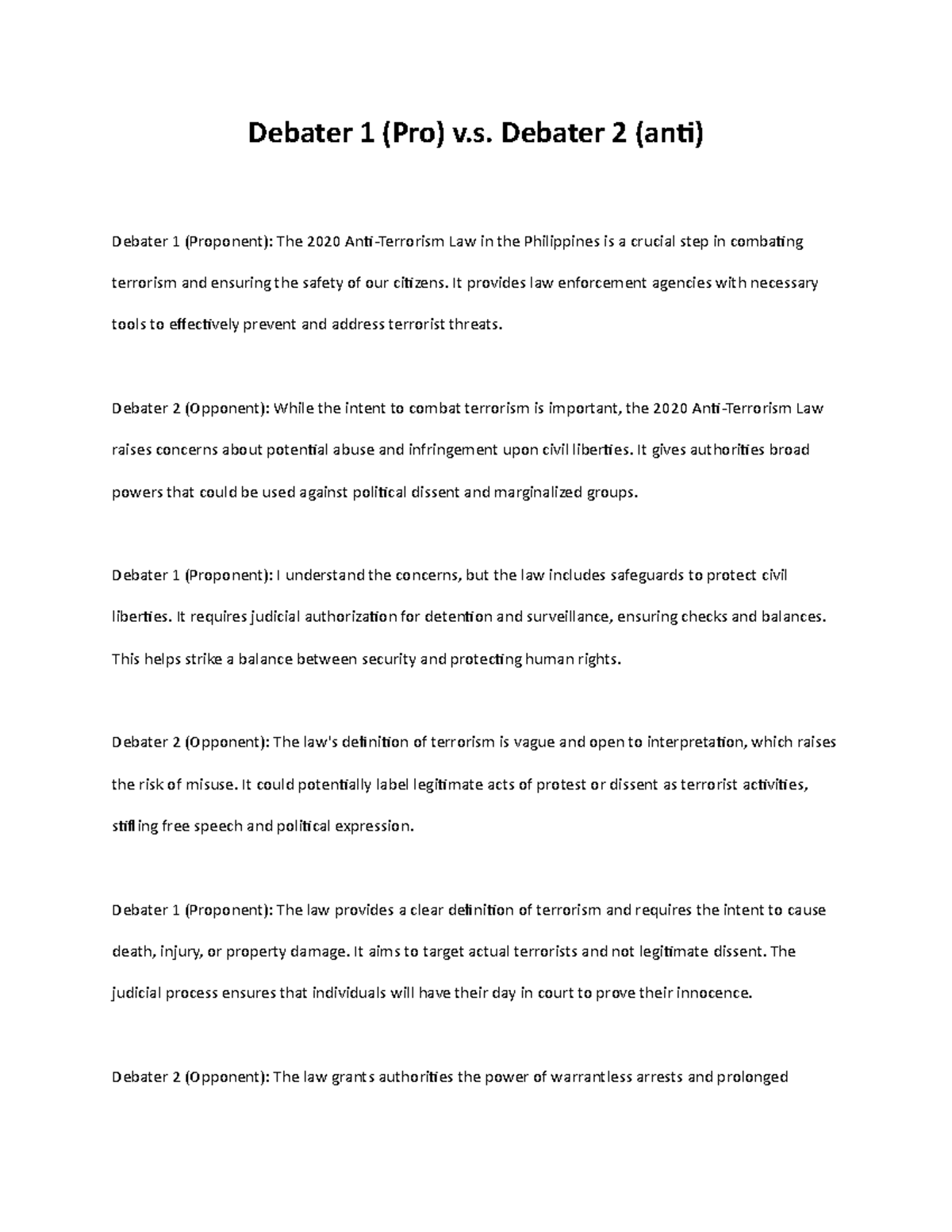 Sample Debate anti Terror Law - Debater 1 (Pro) v. Debater 2 (anti ...