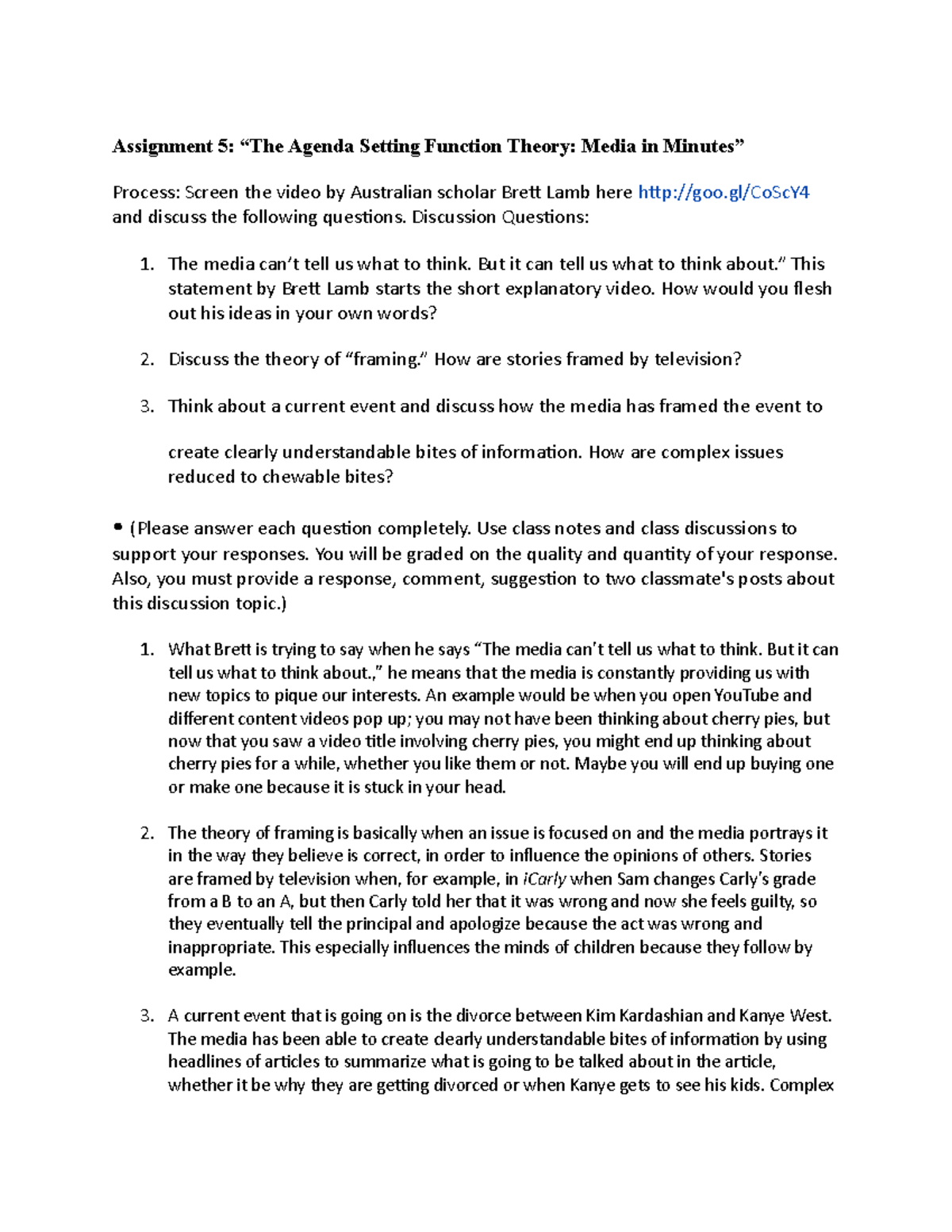 Assignment 5 Media 110 - Assignment 5: “The Agenda Setting Function ...