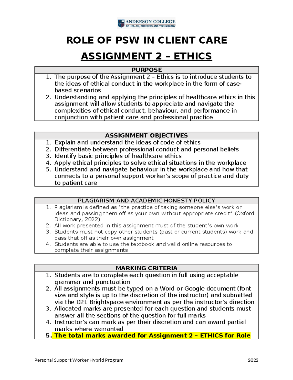 1Role of PSW in Client Care - Assignment 2 - Ethics - ROLE OF PSW IN ...