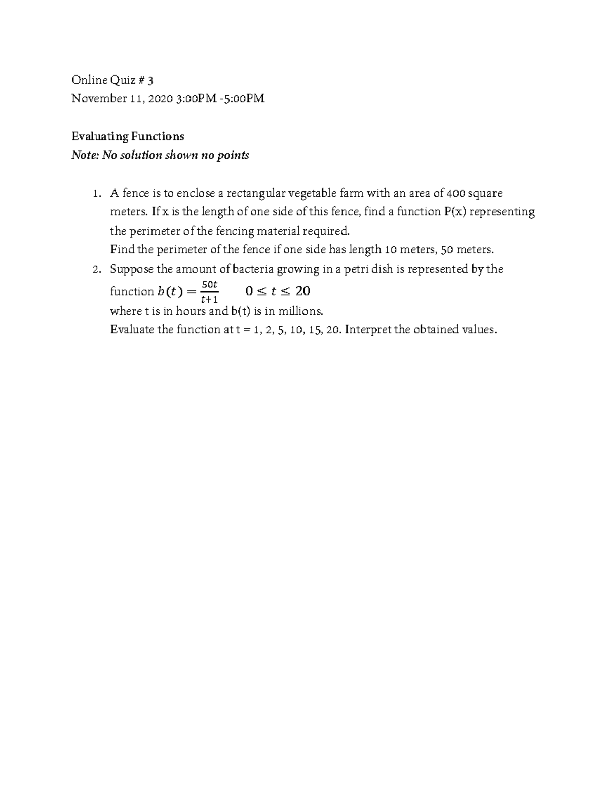 Online Quiz # 3 - gen math - Online Quiz # 3 November 11, 2020 3:00PM ...