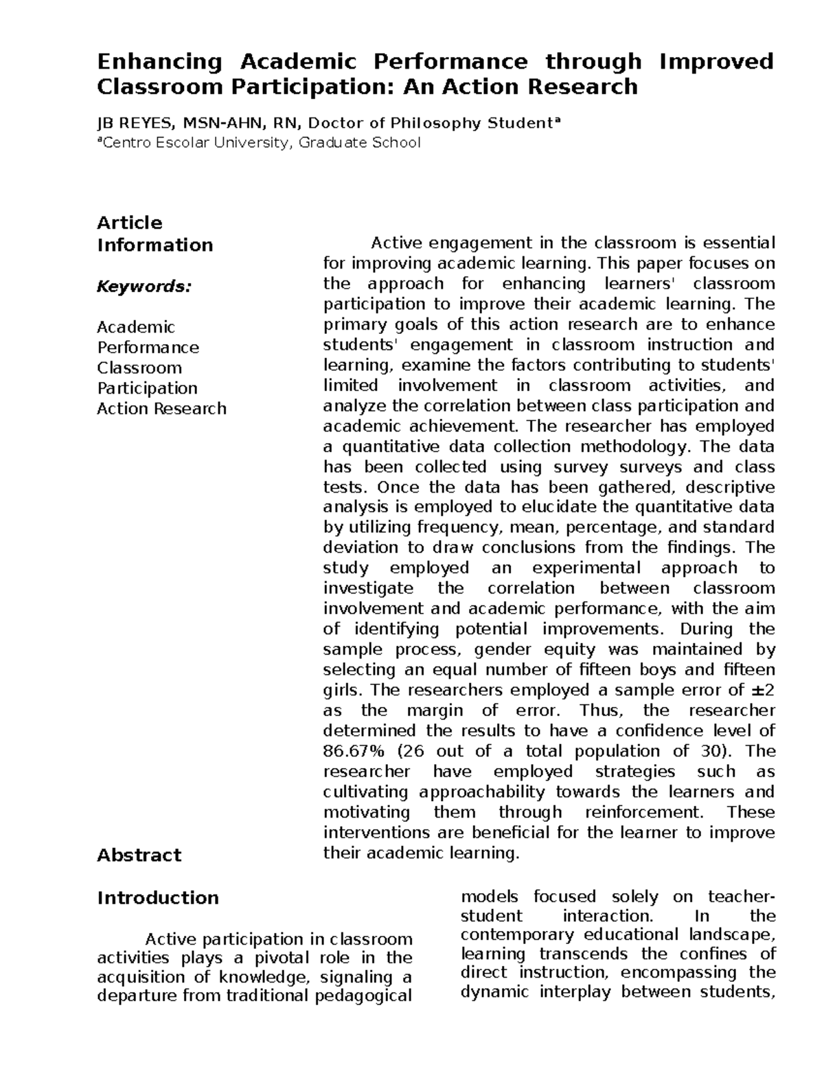 AR journal format - Yeyeyeye - Enhancing Academic Performance through Improved Classroom - Studocu