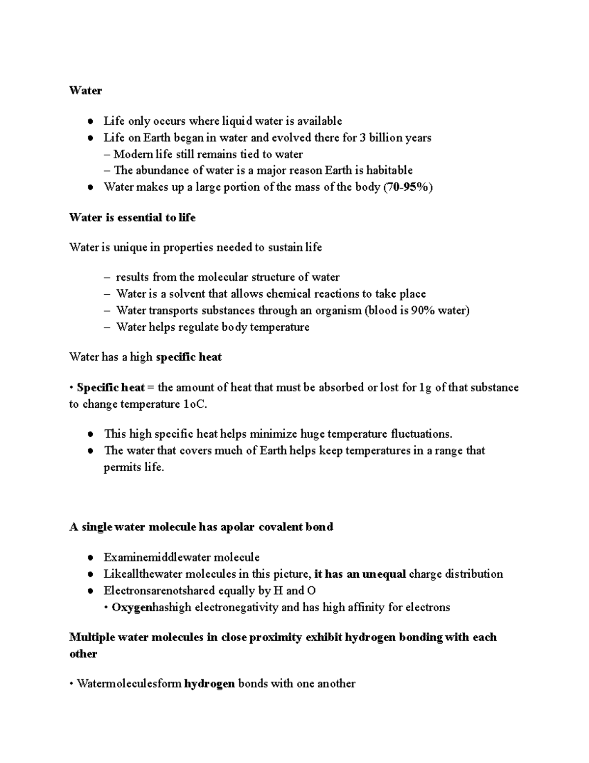 Bio 2 - notes for exams - Water Life only occurs where liquid water is ...