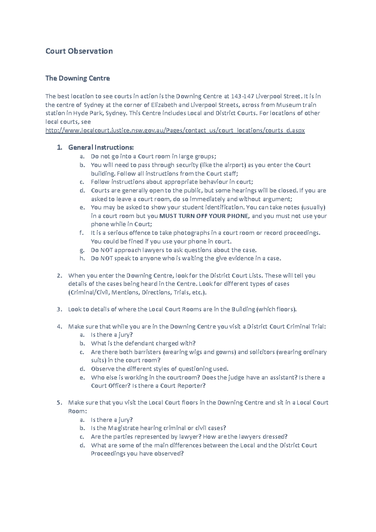 Court Observation Visits - Court Observation The Downing Centre The ...