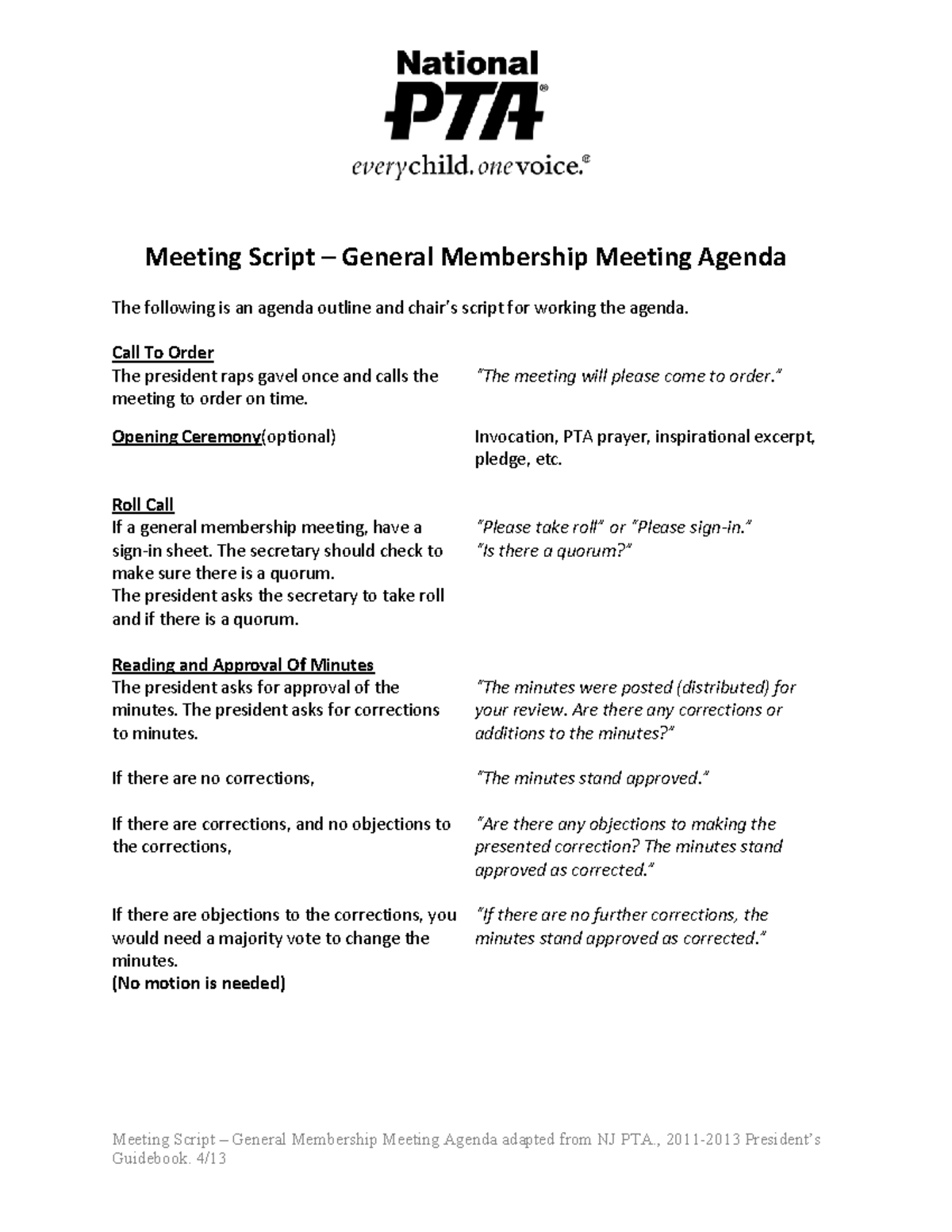Sample meeting script for president - Meeting Script – General ...