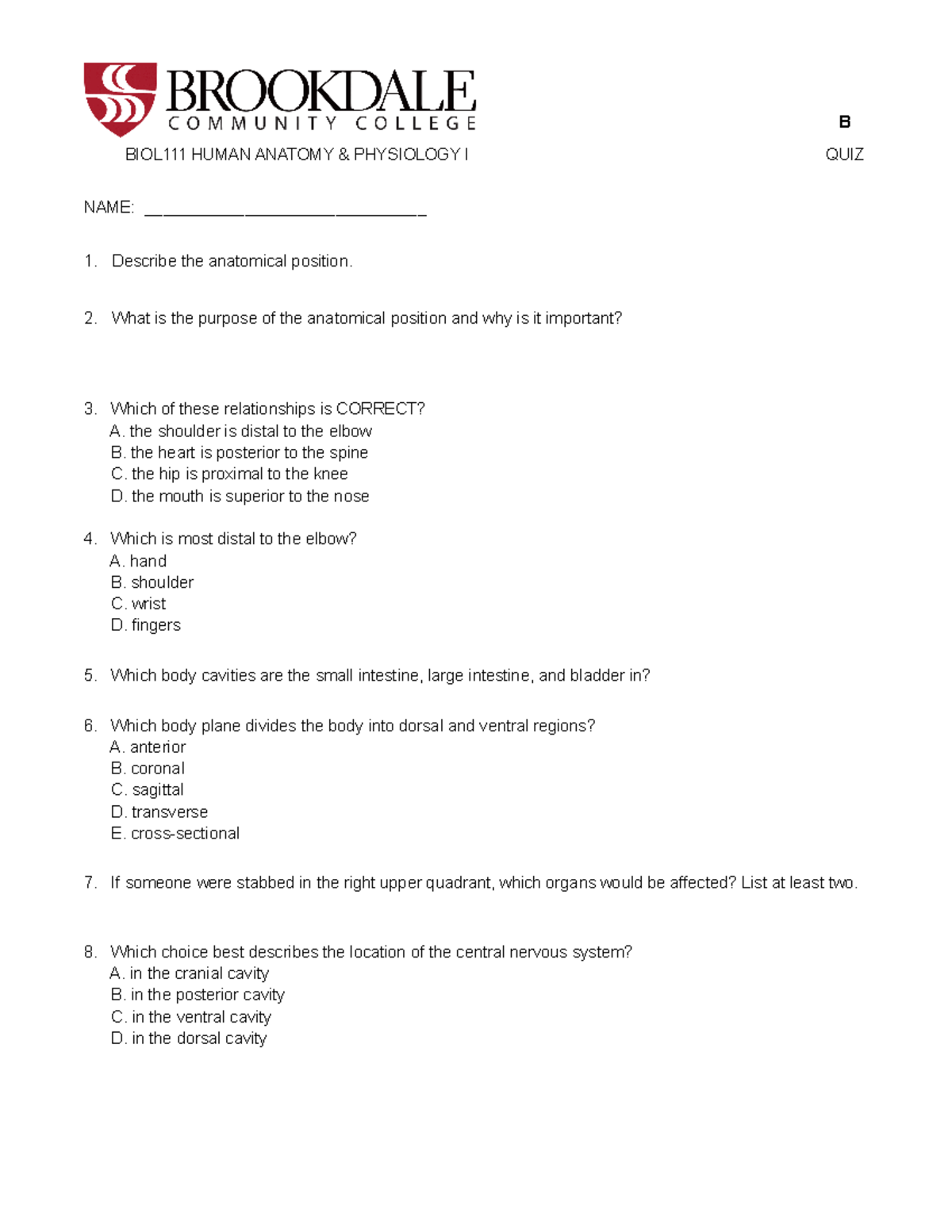 Intro Human Body Quiz - quiz - B BIOL111 HUMAN ANATOMY & PHYSIOLOGY I ...