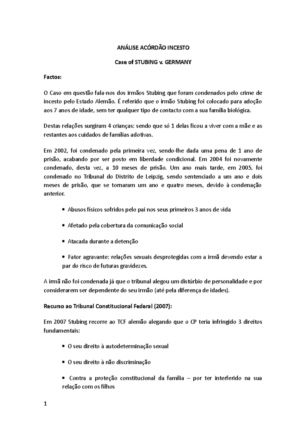 ACÓRDÃO Incesto - Práticas - ANÁLISE ACÓRDÃO INCESTO Case of STUBING v ...