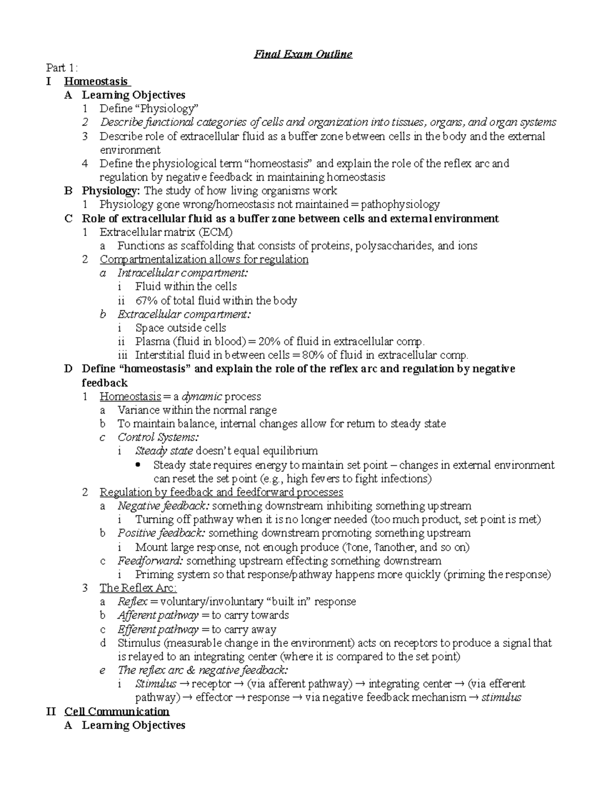 Final Exam Outline - Final Exam Outline Part 1: I Homeostasis A ...
