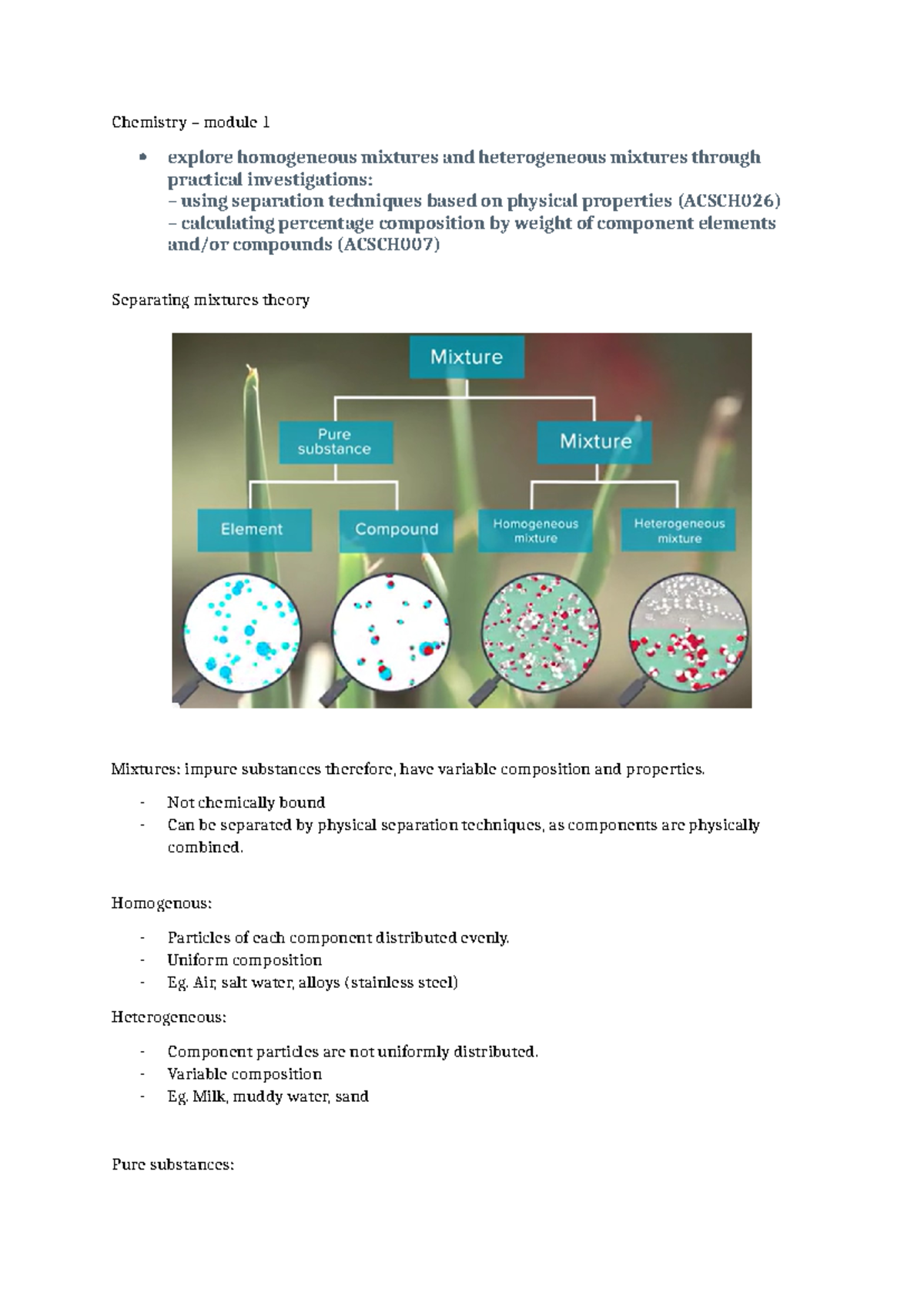 MY module 1 notes - Chemistry – module 1 explore homogeneous mixtures ...