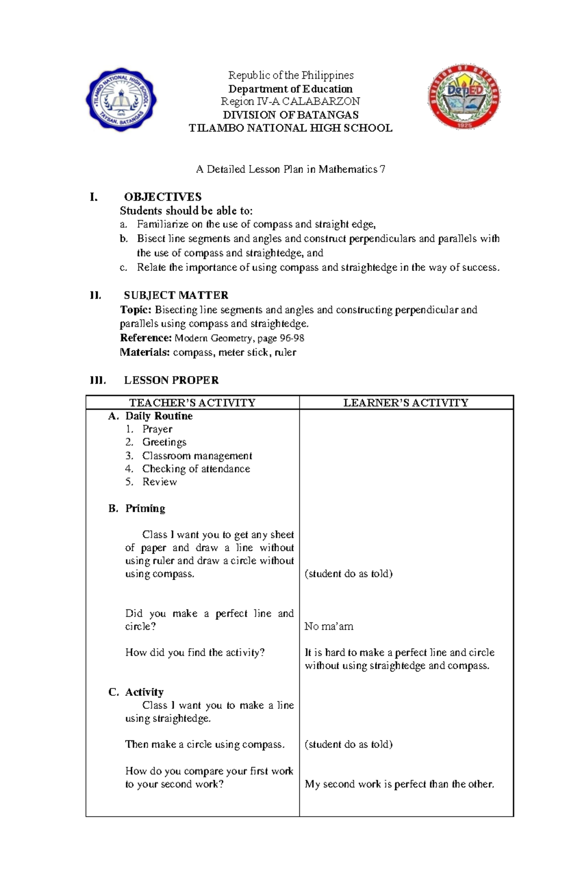 398766487 Lesson Plan 1 - Republic of the Philippines Department of Education Region IV-A ...